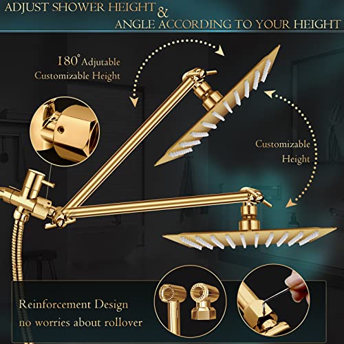 Shower Head,12'' Rain Shower Head with 11'' Adjustable Extension Arm and 5 Settings High Pressure Handheld Shower Head Combo,Powerful Shower Spray Against Low Pressure Water-Brushed Gold