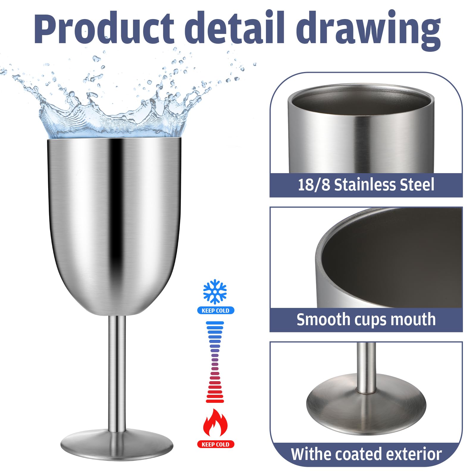 Photect 6 Pack Stemmed Stainless Steel Wine Glasses with Lid 10 oz Double Wall Insulated Wine Tumbler Unbreakable Goblets with Drinking Straw and Straw Brush for Wedding Valentine's Day Party