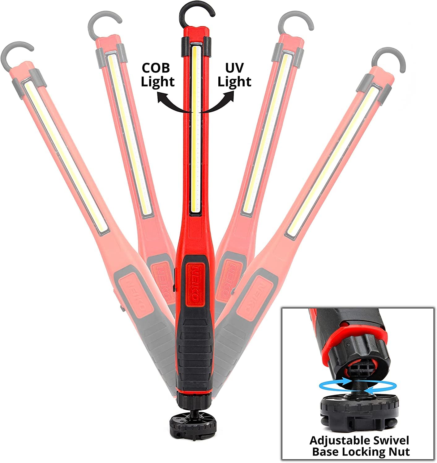 NEIKO 40344A Swivel Work Light | 2 in 1 Rechargeable Flash Light, 7W Adjustable COB LED and UV Blacklight, 4 Pack, 360 Degree Magnetic Flashlight w/Hooks, 150-650 Lumens, Mechanics Shop Light