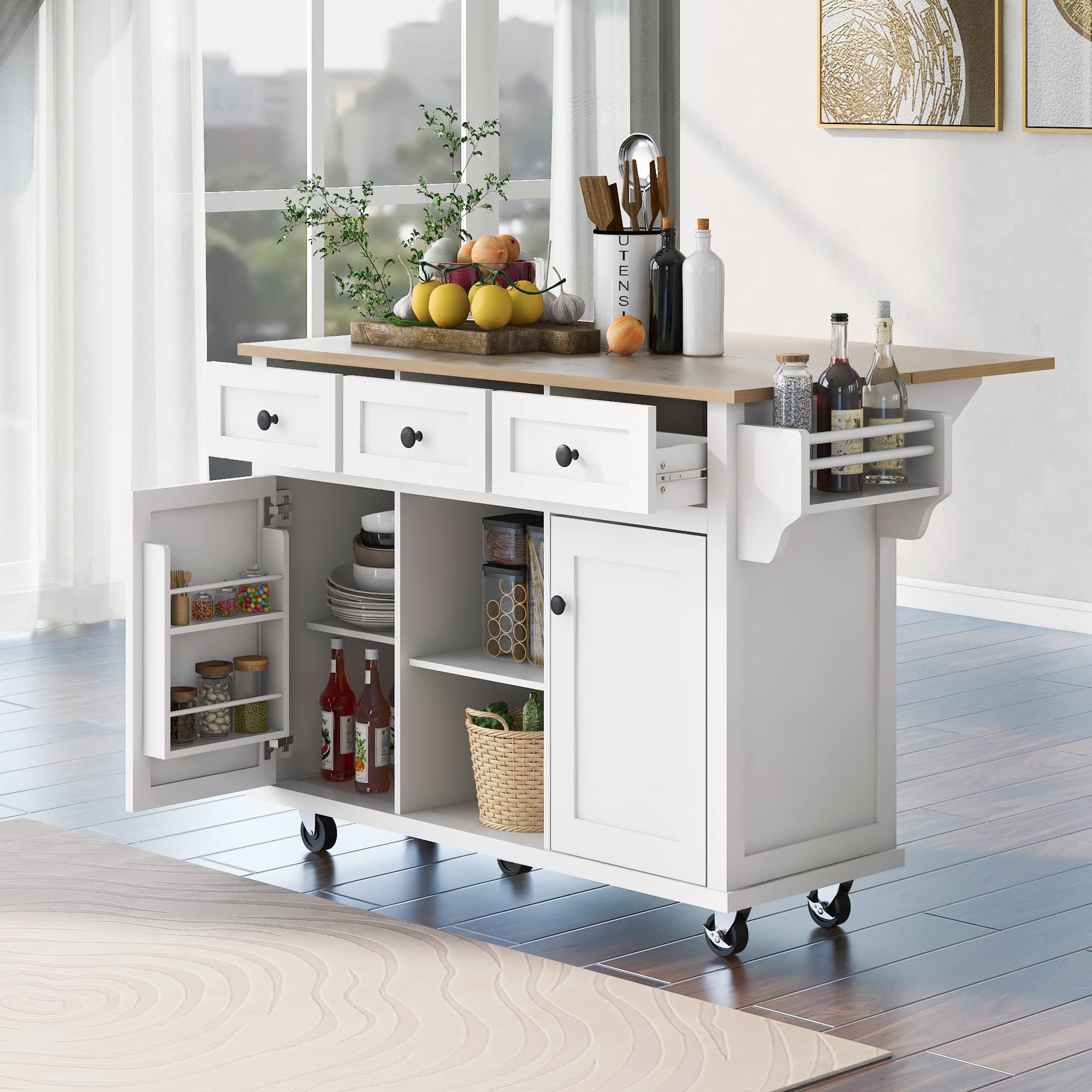 MACHOME Mobile Kitchen Cart Island Table on Wheels with Storage Cabinet, Rolling Kitchen Island Cart with 4 Door Cabinet and Two Drawers, Solid Wood Top Coffee Bar for Dining Room, White
