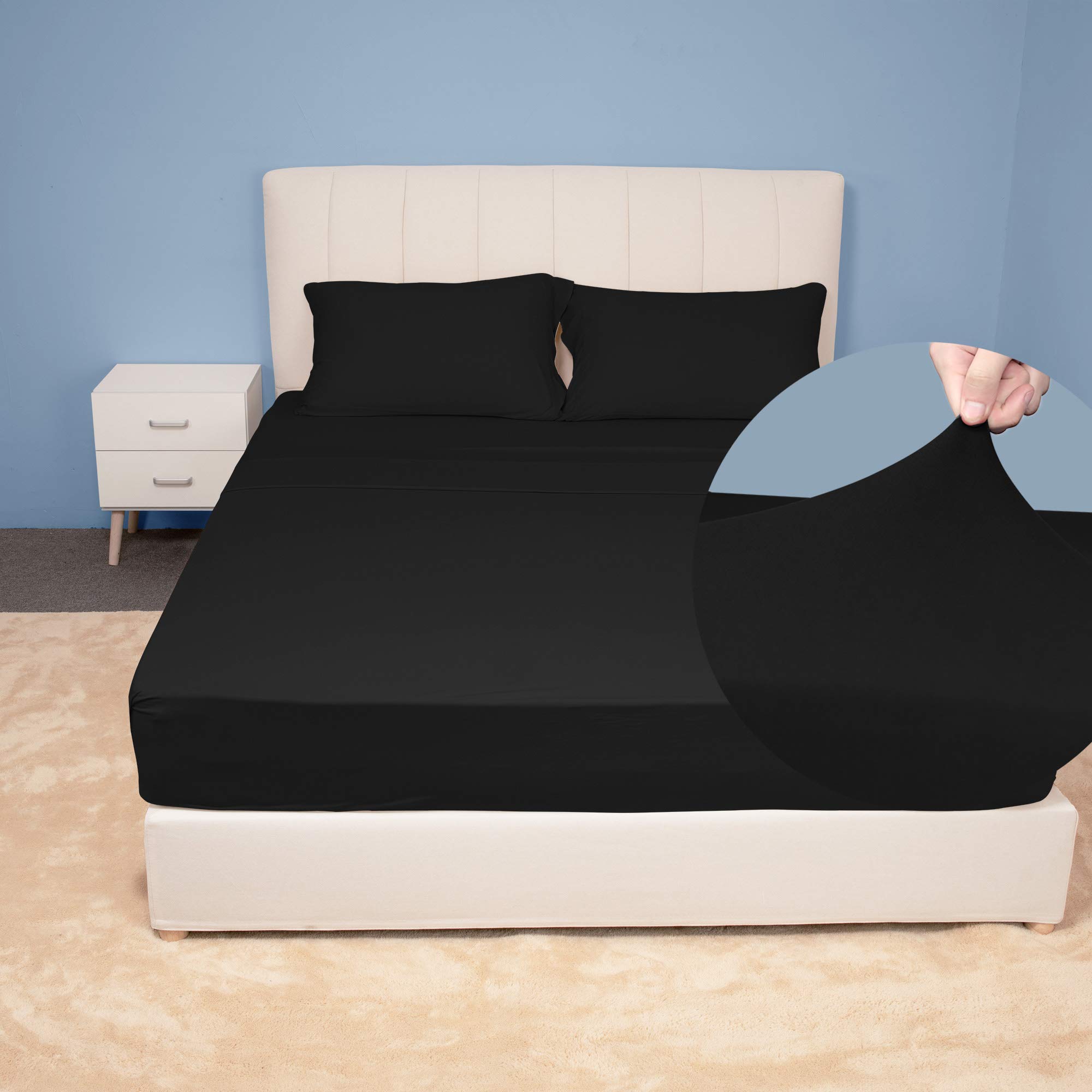 N&Y HOME Stretch Sheets Set Full Size - Microfiber Jersey Knit & T-Shirt Like Extra Soft, 4 Way Stretchy Bed Sheets to Fit Most Mattress, Wrinkle Resistant - 4 Piece Sets, Black, Full/Full XL