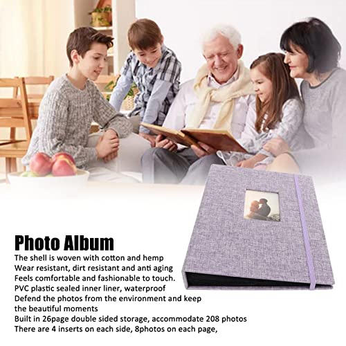 Photo Album, Hemp Woven Cotton Shell, Delicate Photo Album, 208 Pockets, Fine Workmanship, Mini for Gift (Purple)