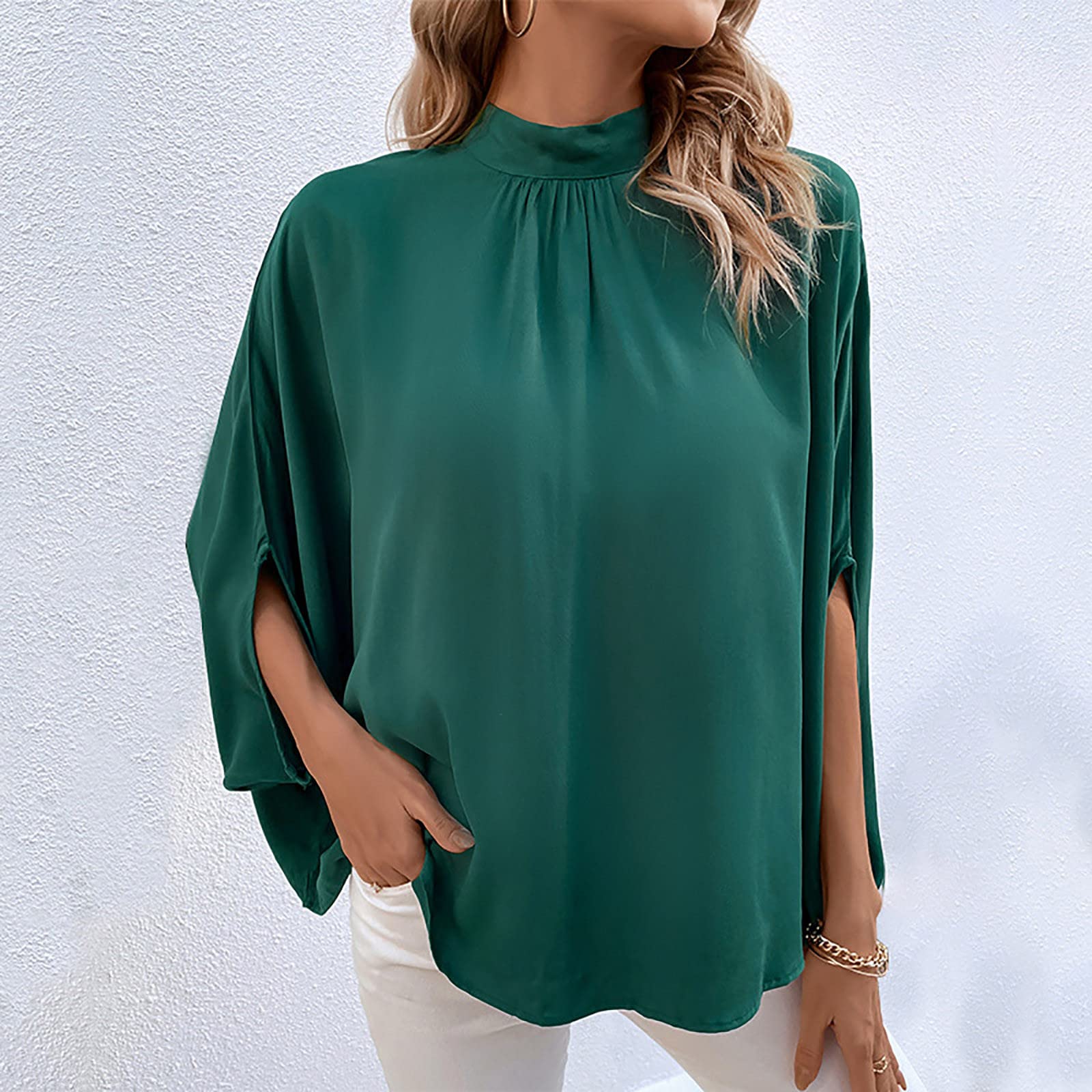Women's Batwing Short Sleeve Summer Tops, Mock Neck Loose High Low Hem Casual Oversize Blouses Shirts Top, 2023 Spring Oversize Blouses Cape Shirt Chiffon Blouse