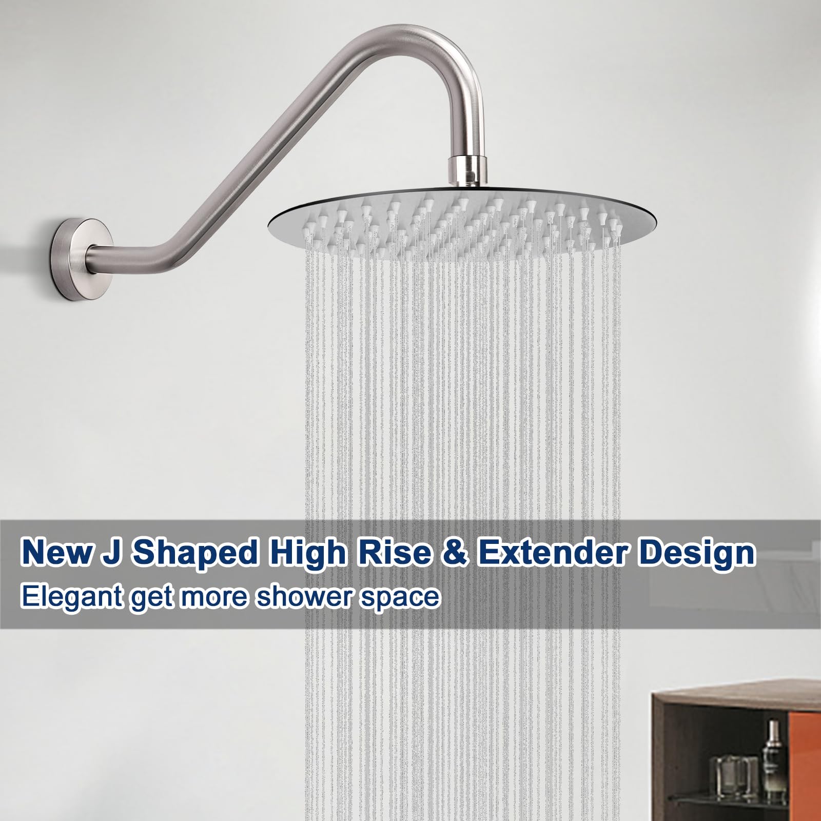 NearMoon J Shaped Shower Head Extension Arm, Stainless Steel Shower Head Height Extender with Flange, Riser Pipe Design for Cozy Shower Experience, Standard 1/2" Connection (12 Inch, Brushed Nickel)