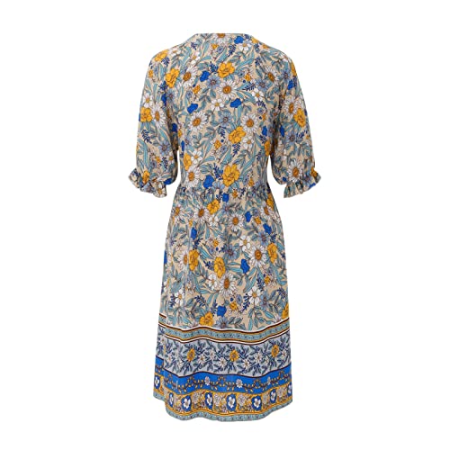Tenworld Light Blue Skirt Pencil Women's Boho Summer Floral Print Short Sleeve V Neck Smocked Flowy Ruffle A Line Mini Dress
