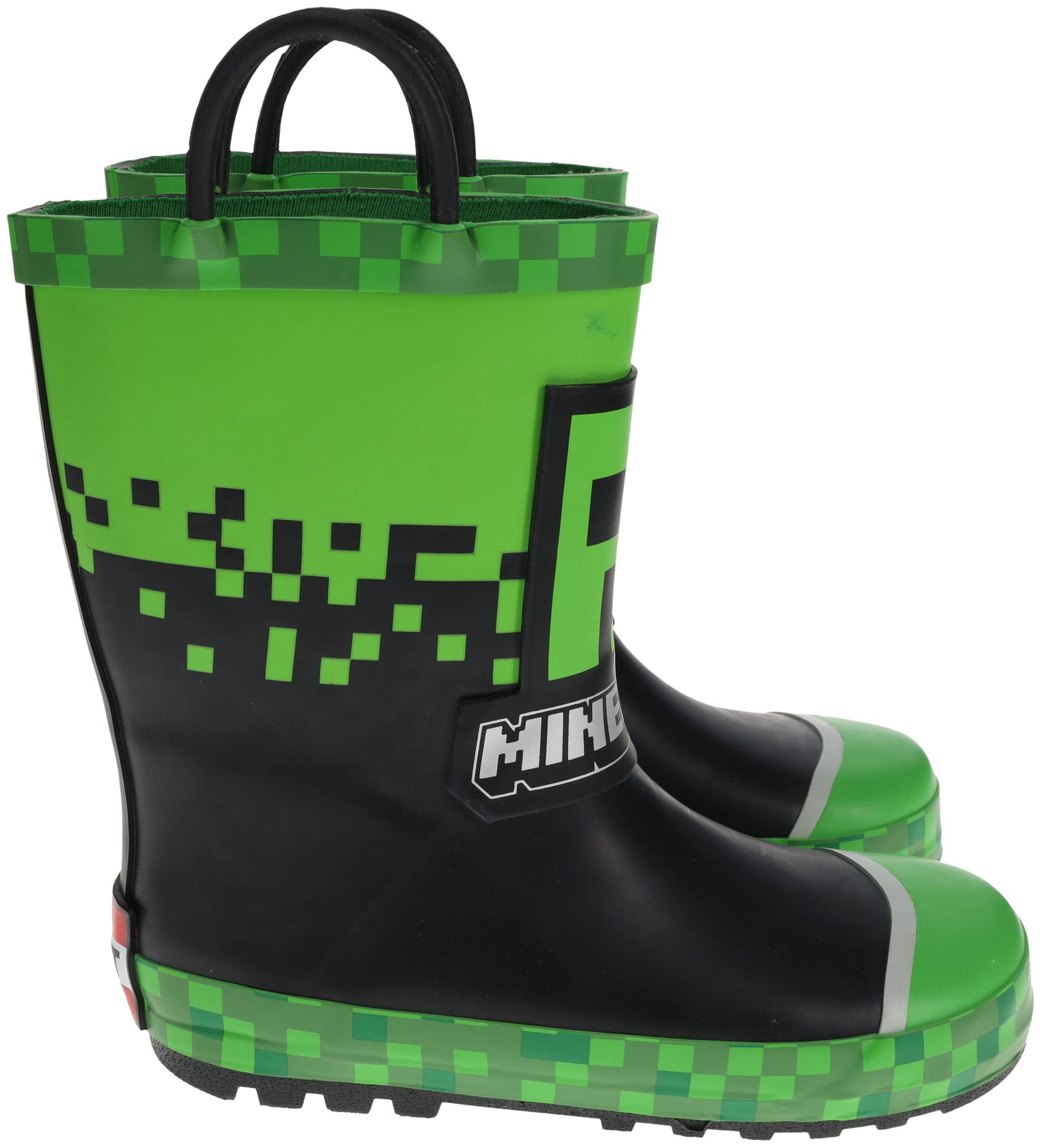 Minecraft Rain Boot for Kids, 100% Rubber Creeper Wellie Boot Waterproof, Green/Black, Big Kid Size 1/2