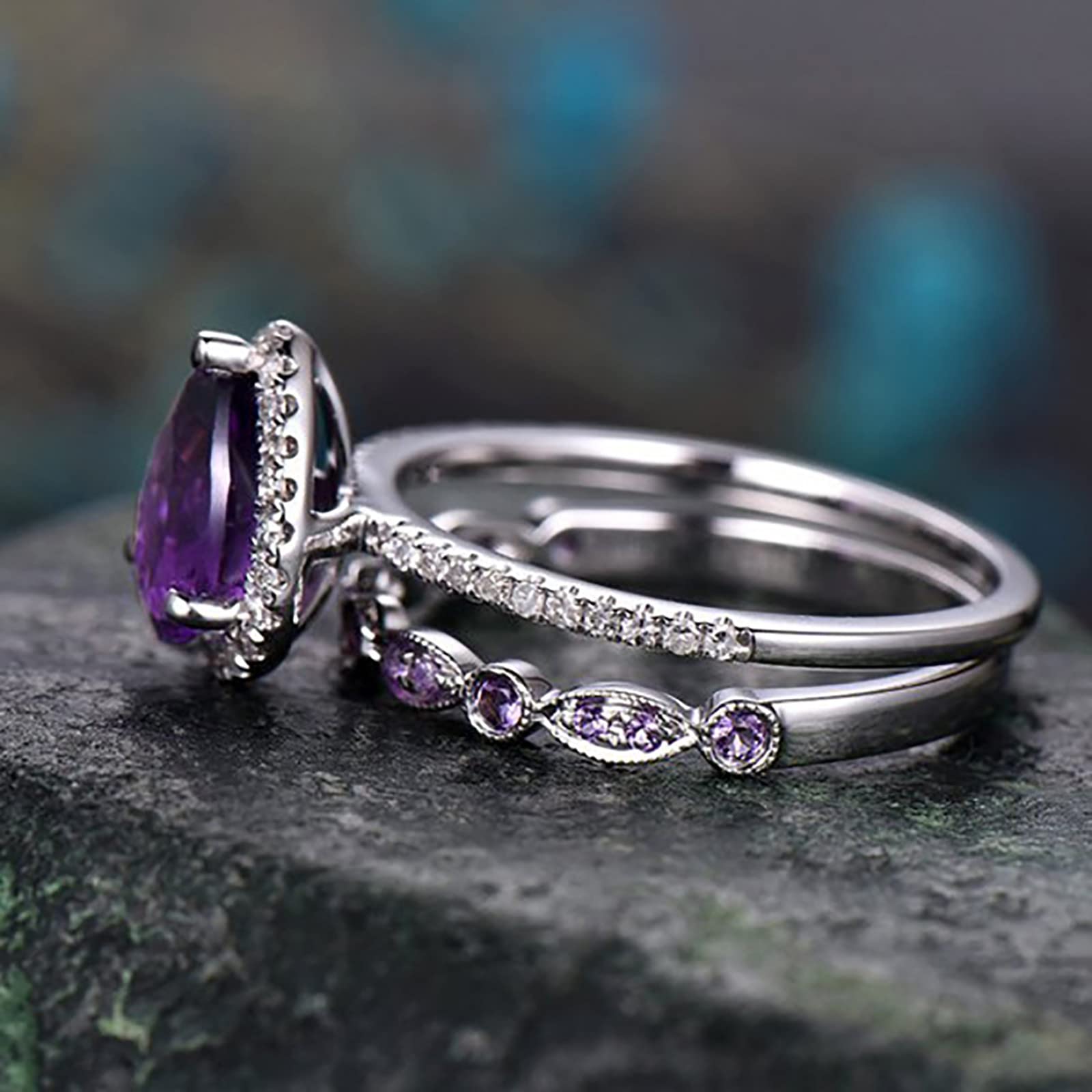 Women Shining Amethyst Ring, 2PC Tear Drop Shape Cubic Zirconia Promise Rings Set Teardrop Ring Engagement Wedding Band Ring Sets
