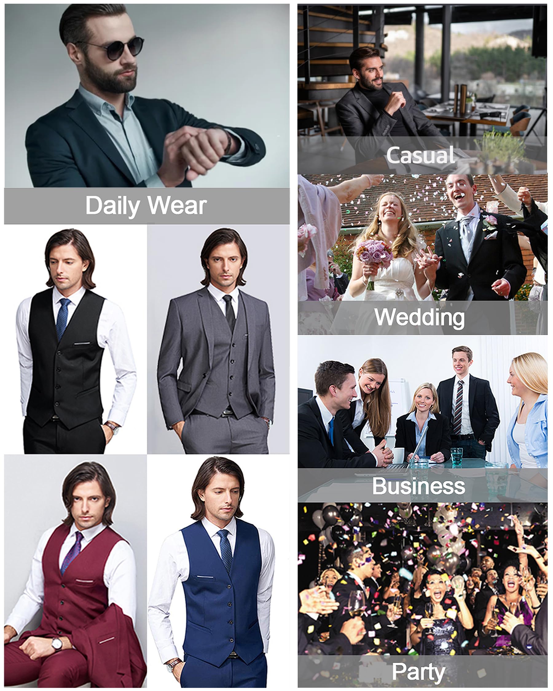 MrSure Men’s 3 Piece Suit Blazer, Slim Fit Tux with 2 Button, Jacket Vest Pants & Tie Set for Party, Wedding and Business Burgundy