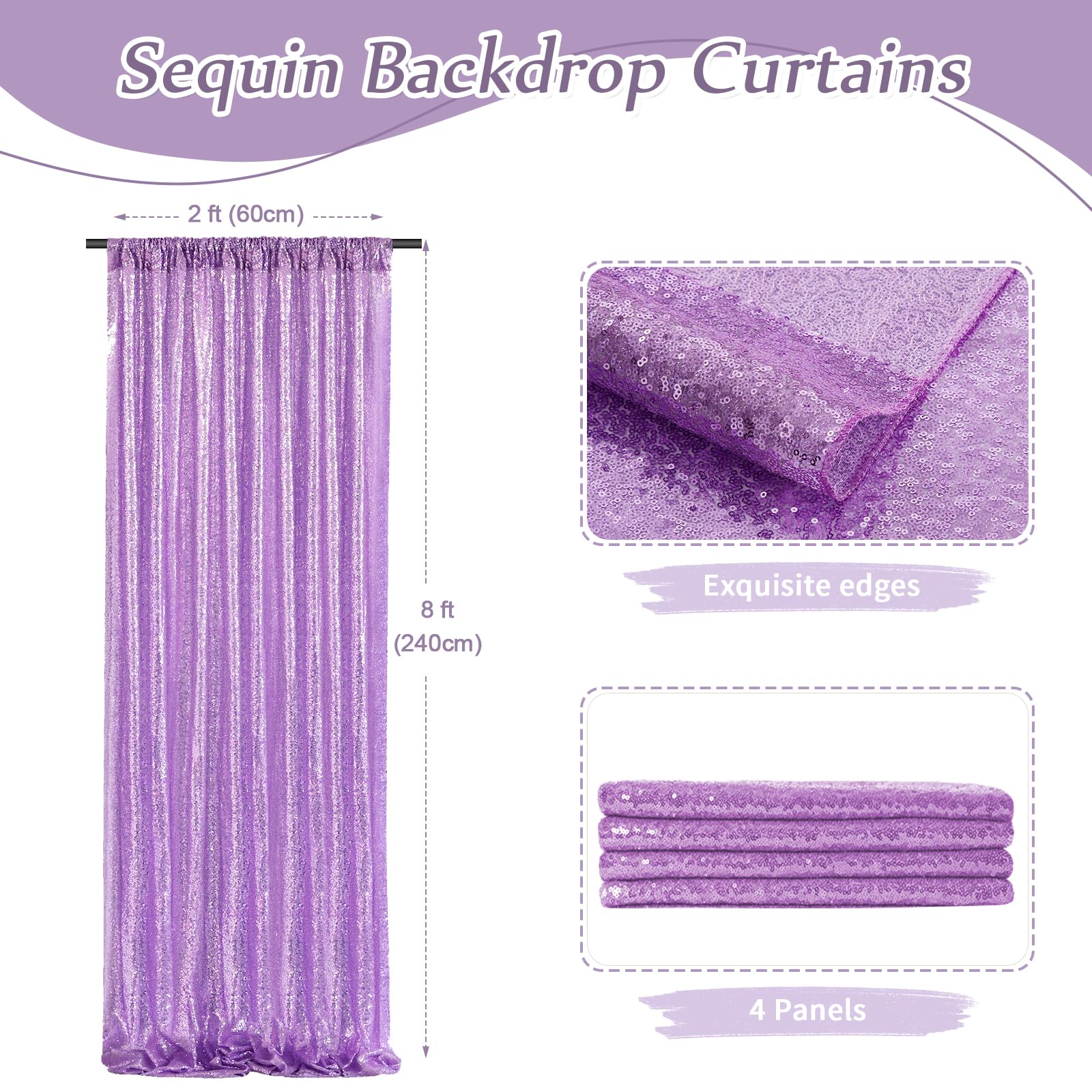 Sparkly Sequin Backdrop Curtain 4 Packs 2ftx8ft Wedding Party Backdrop Lavender Sequence Sequin Photo Booth Backdrop
