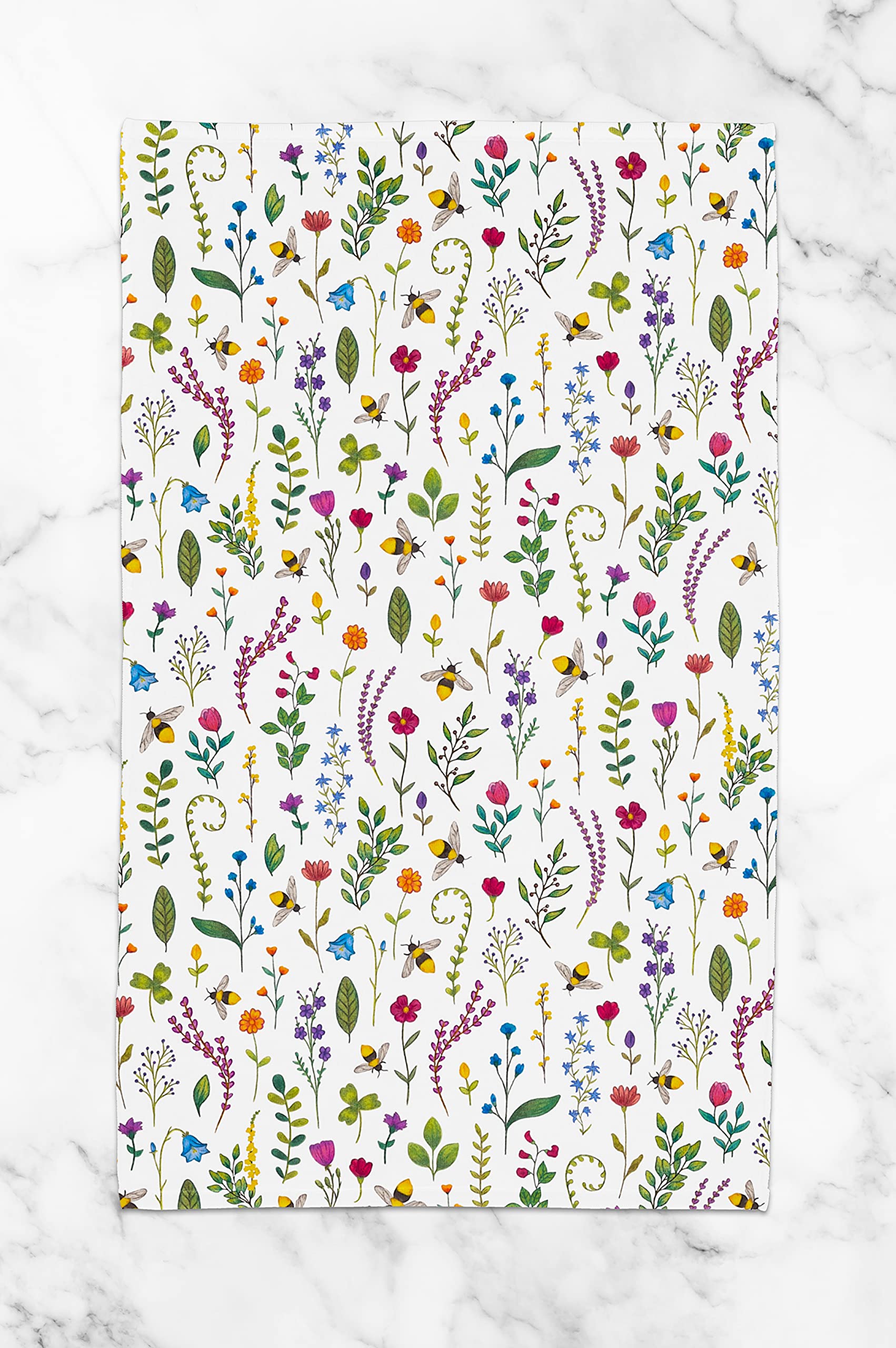 Spring Flower Print Hand Towel - Bumblebee Kitchen Towel - Bathroom Hand Towel - Cotton Terry Cloth - 15"x25"