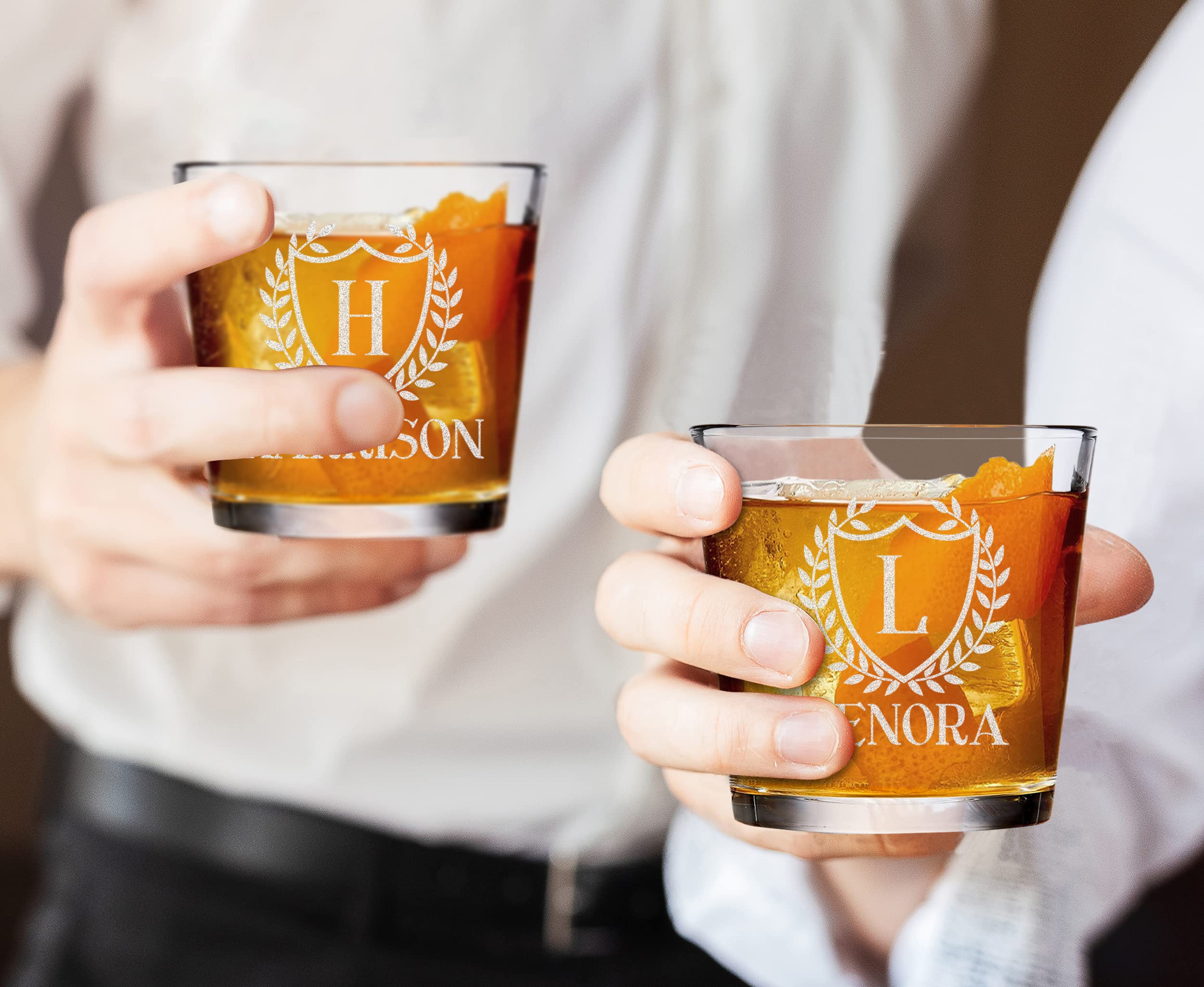 TEEAMORE Personalize Old Fashioned Cocktail Glasses Add Your Name Initial Birthday Anniversary Etched Rocks Whiskey Glass 9oz
