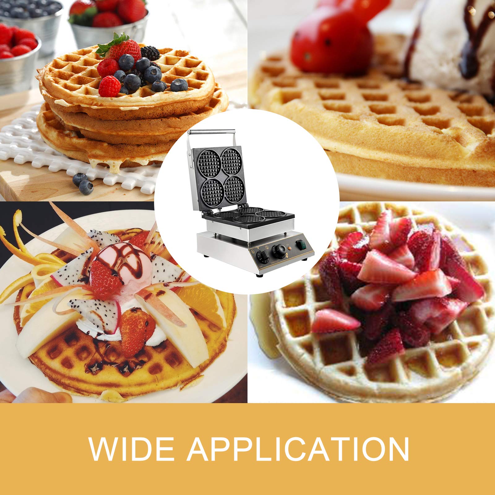 VBENLEM Commercial Round Waffle Maker 4pcs Nonstick Electric Waffle Maker Machine Stainless Steel 110V Temperature and Time Control Heart Belgian Waffle Maker Suitable for Restaurant Snack Bar Family