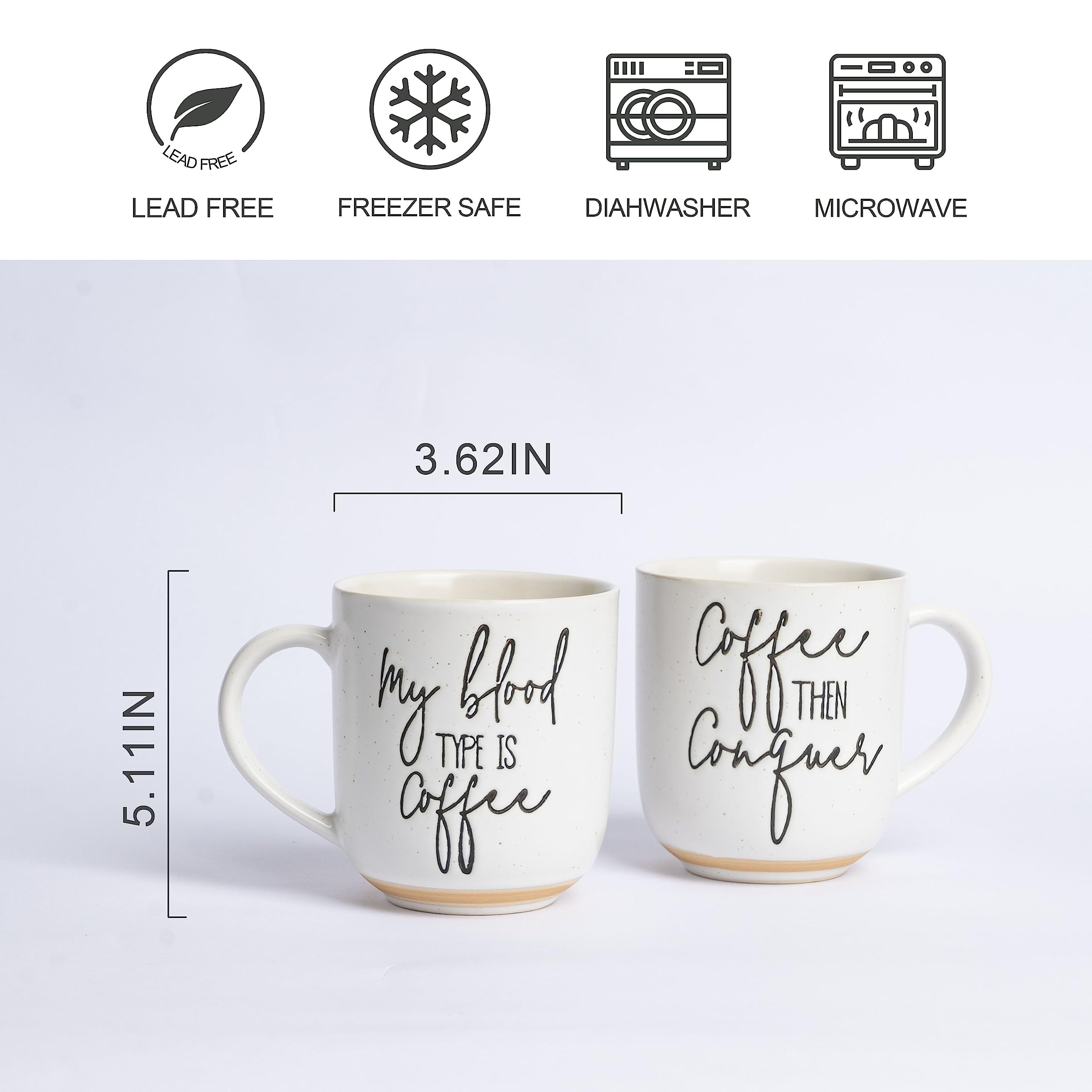 Taimei Teatime 14.5 oz Ceramic Coffee Mug Set of 2, My Blood Type is Coffee & Coffee Then Conquer Coffee Cup Sets, Mugs Gift Set for Couple & Coffee Lovers, Dishwasher and Microwave Safe