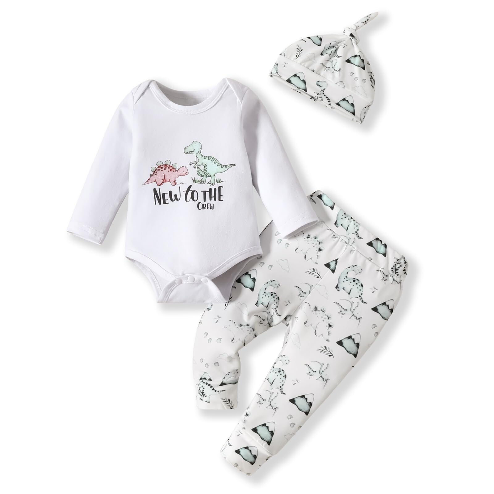 Newborn Baby Boys Clothes Outfits 0-3 Months Letter Dinosaur Print Long Sleeve Rompers Long Pants Hat Infant Cute Sets