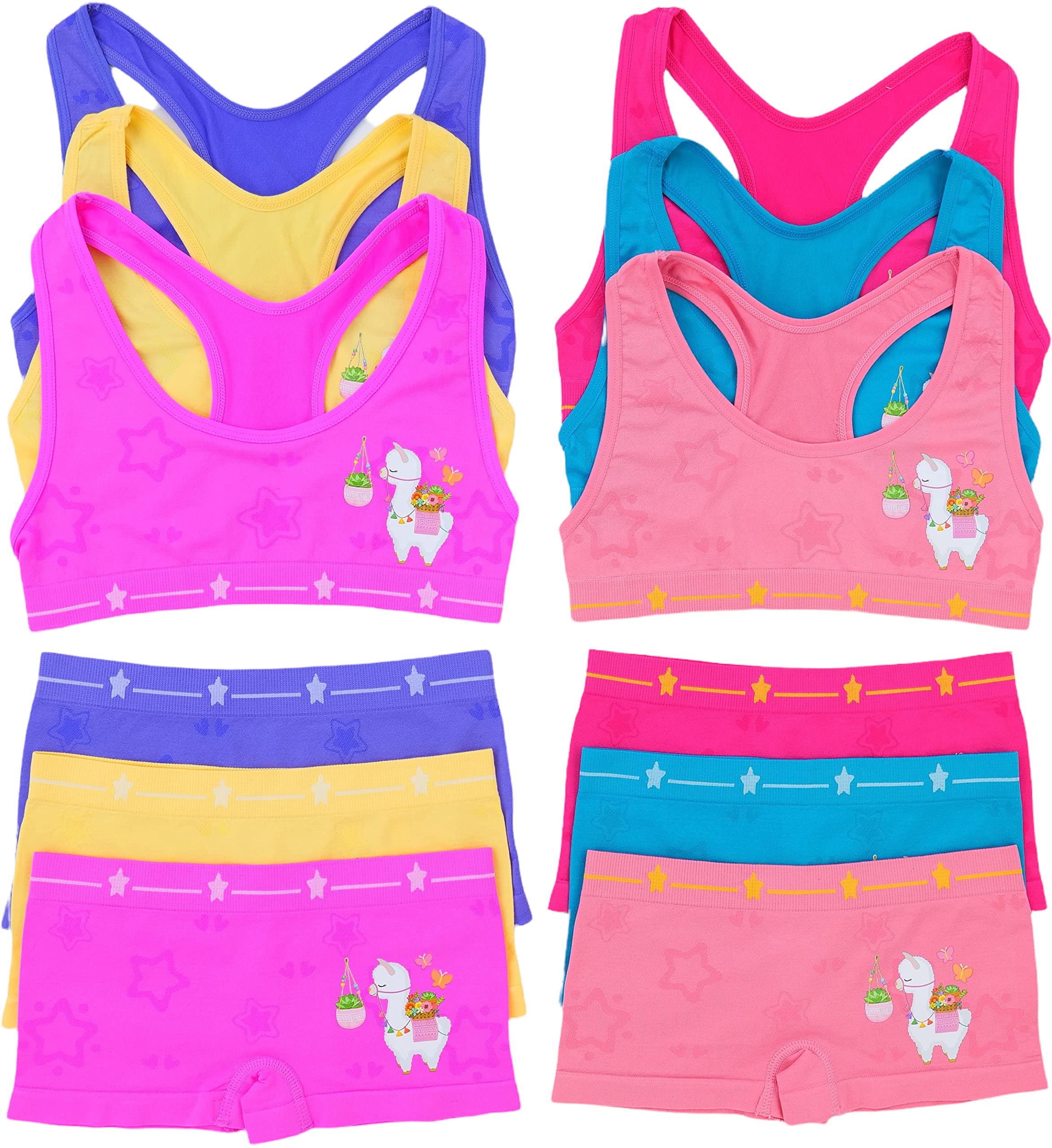 ToBeInStyle Girl's Pack of 6 Racerback Bras & Matching Boyshort Bottoms - Hungry Alpaca - Medium