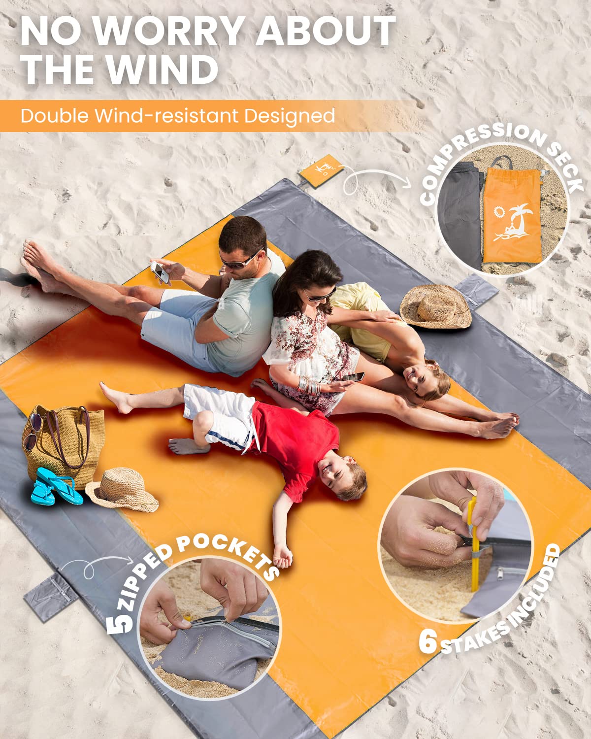 POPCHOSE Beach Blanket, Sandfree Beach Mat 108"x85.2"/83"x78" for 7 Persons, Extra Large Beach Blanket Waterproof Sandproof with 6 Stakes, Easy to Clean, Lightweight Compact Beach Accessories
