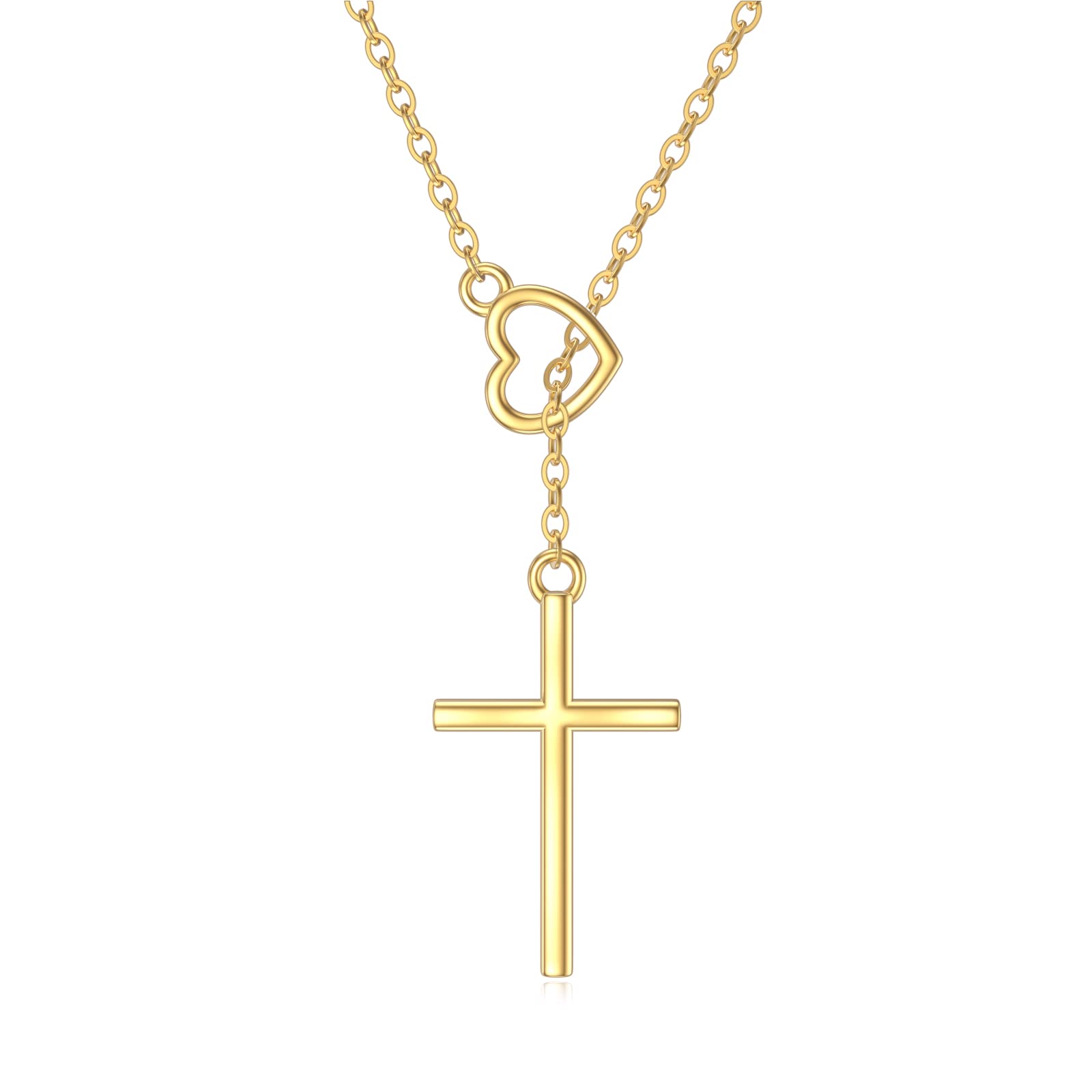 SISGEM 14K Real Gold Cross Necklace for Women,Yellow/White Gold Small Heart Cross Y-Necklaces,Anniversary Birthday Jewelry Present for Wife Mom 16''+2''