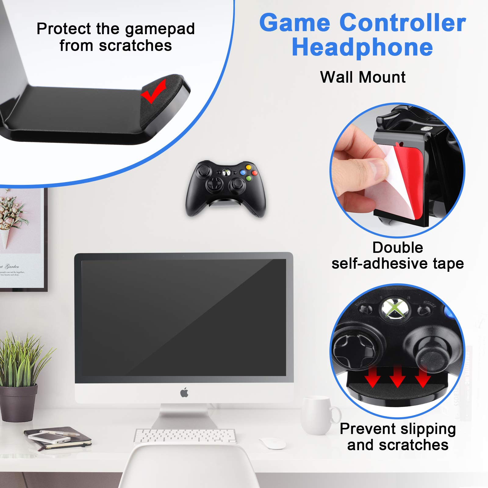 REEYEAR Video Game Controller Wall Mount Holder for Universal PS5 PS4 Xbox One S/Steam/Nintendo Switch/PC Video, No Drilling Stick on Stand Hanger for Gaming Controllers Headphone 2 Pcs Black