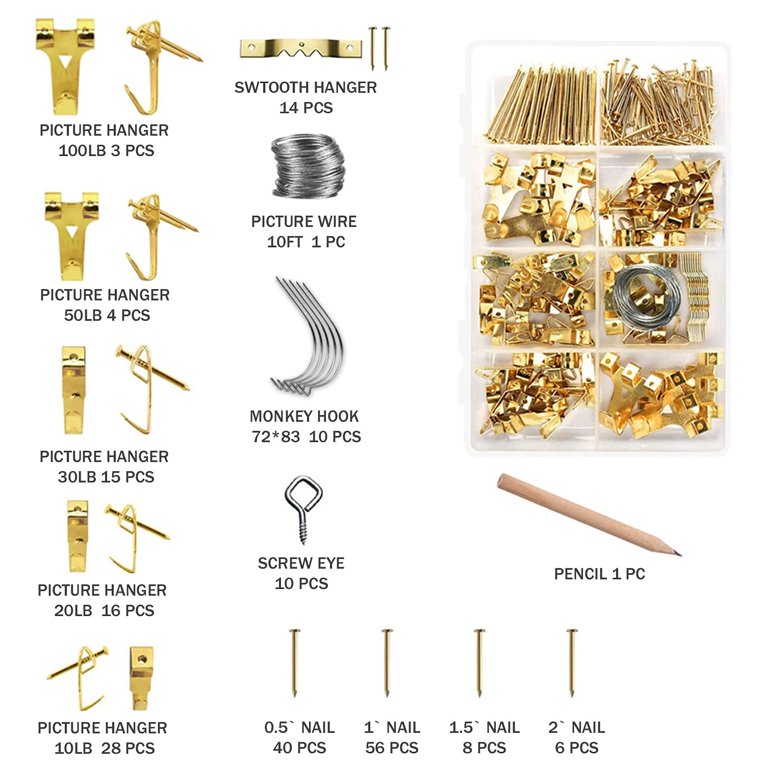 Picture Hanging Tool Kit - Includes Stainless Steel Picture Hanging Hooks 211 Pcs, Level Tool, Picture Frame Hanger, Heavy Duty Photo Hanger Accessories with Hanging Kit, Wire and Nails, Gift for Dad