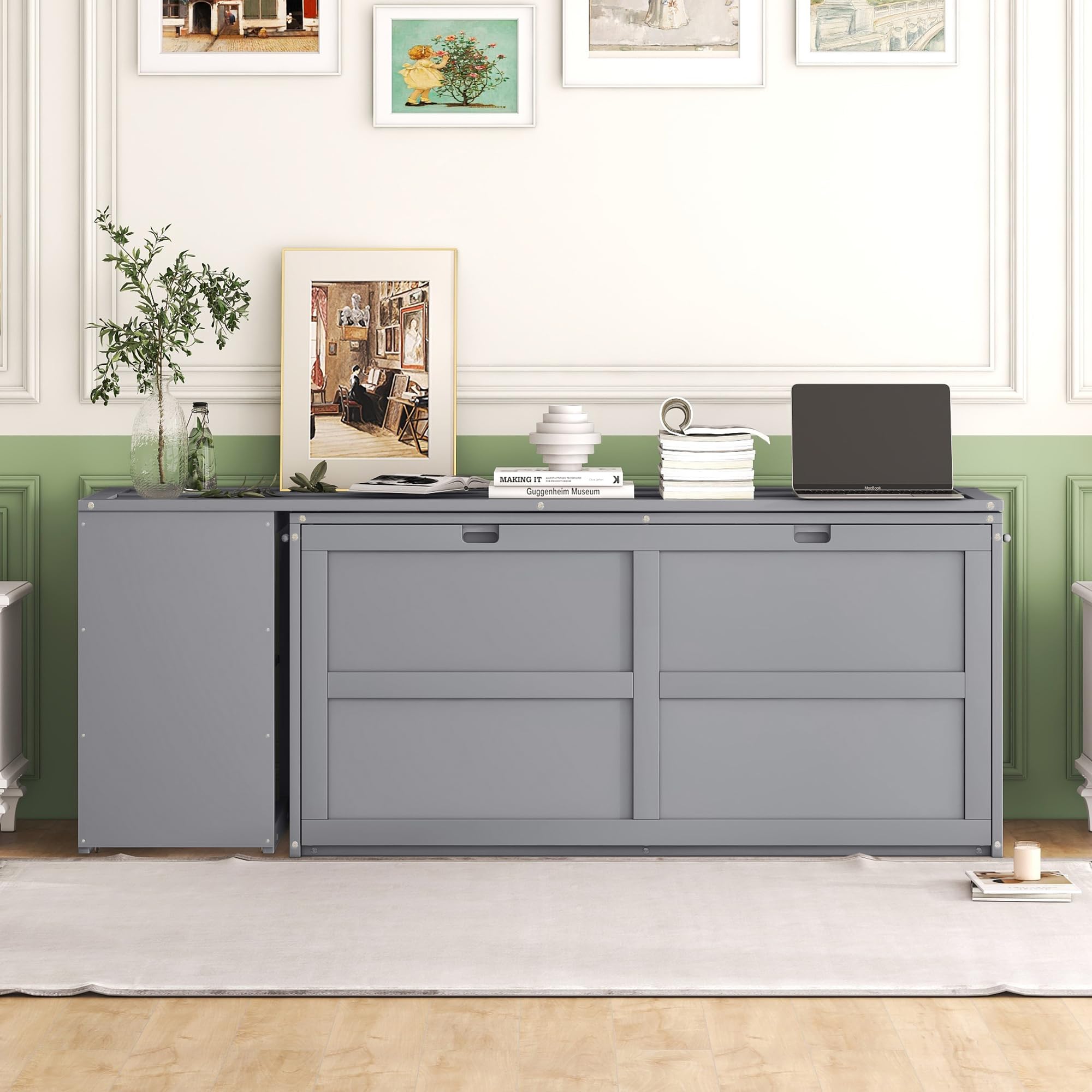 Melpomene Queen Size Murphy Cube Cabinet Bed with Rotable Desk, Wood 65-inch Space-Saving Bed Chest with Side Little Shelves for Guest Room Home Office