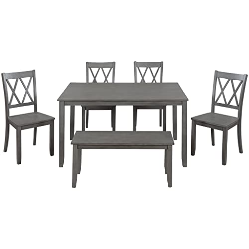 MJWDP 6 Piece Wooden Kitchen Dining Table Set Farmhouse Rustic Dining Table Set with Cross Back 4 Chairs and 1 Bench