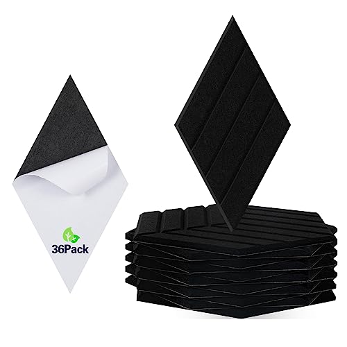 Tutmyrea 36 Pack Self-adhesive Acoustic Panels, 12" X 7" X 0.4" Diamond Splice Sound Proof Wall Panels, High Density Decorative Acoustic Wall Panels for Studio Office Home, Black