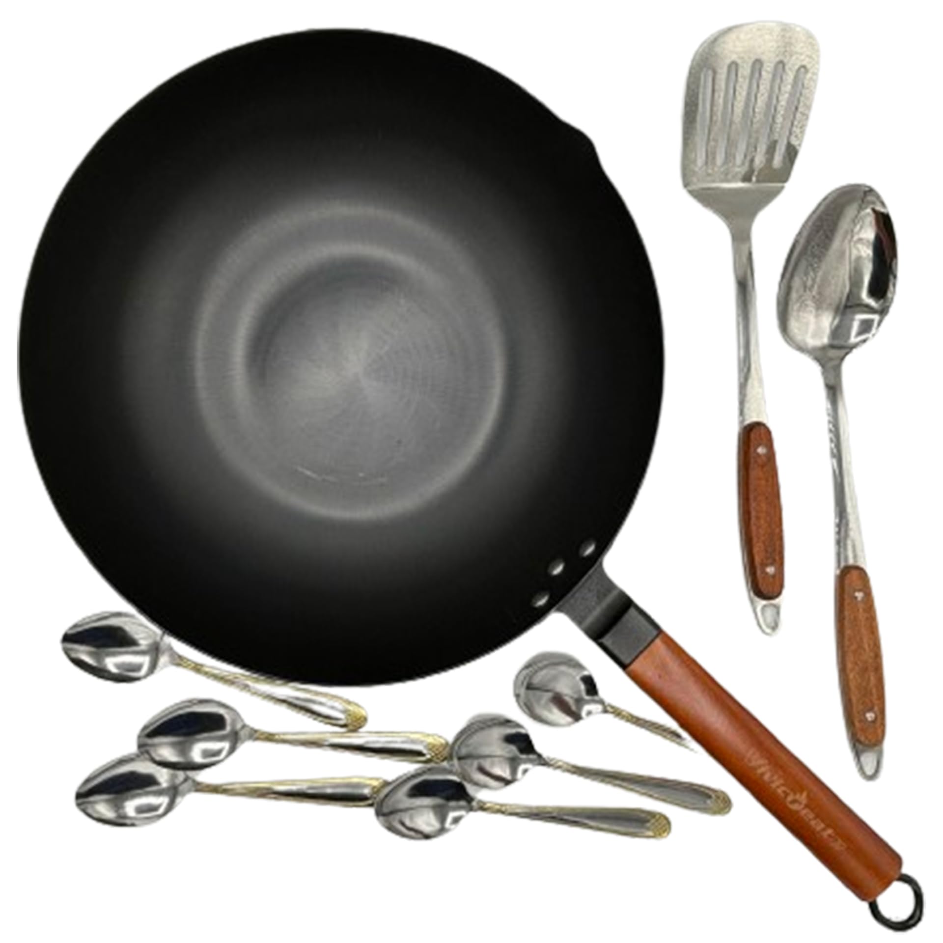 vivicreate Carbon Steel Wok Pan, 9 Piece Woks & Stir-Fry Pans Set with Spatula, No Chemical Coated Flat Bottom Chinese Pan for Induction, Electric, Gas, suitable All Stoves - 12.5''