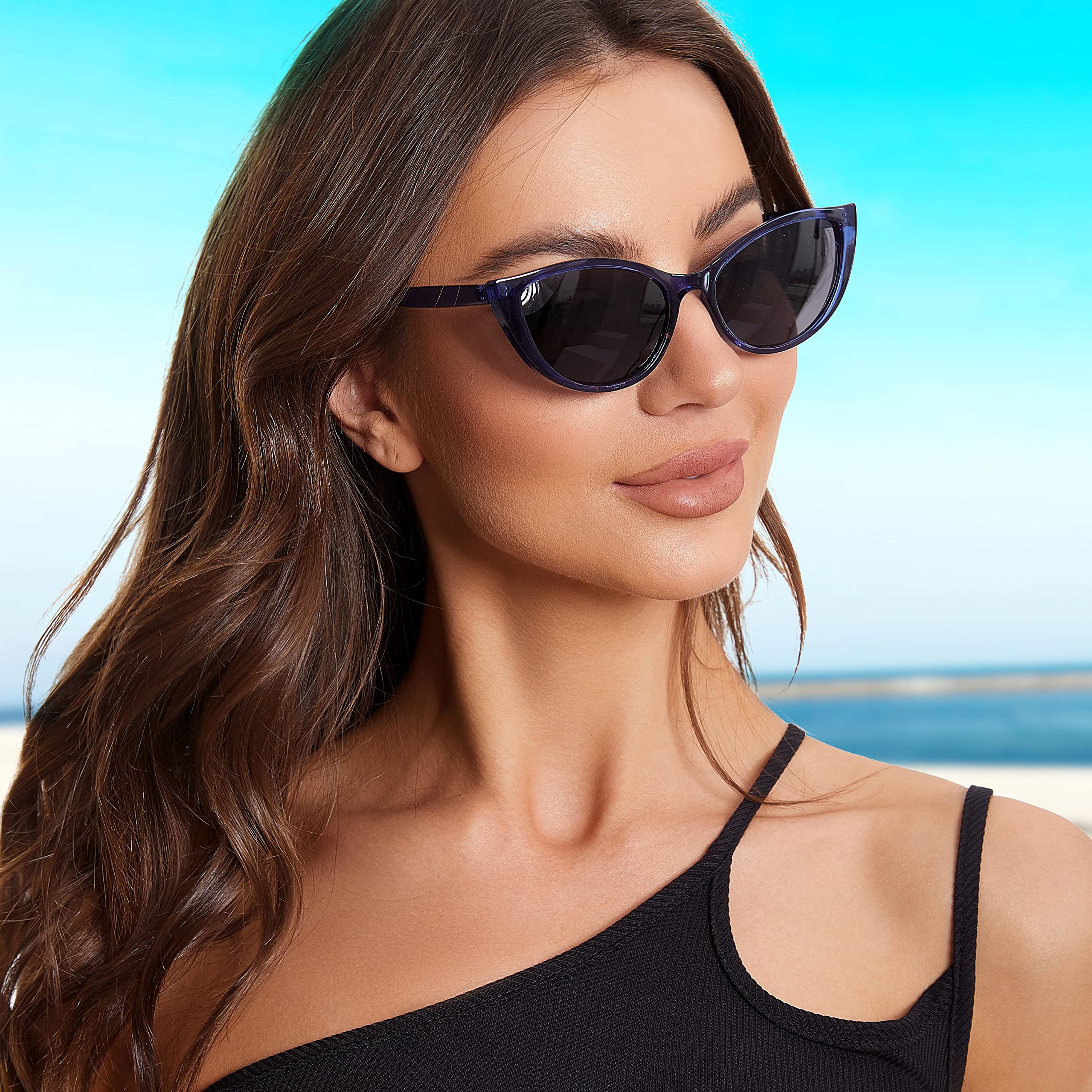 VIVIENFANG Retro Polarized Cat Eye Sunglasses for Women, Vintage Designer Navy Blue Cateye Women's Shades VF2219D