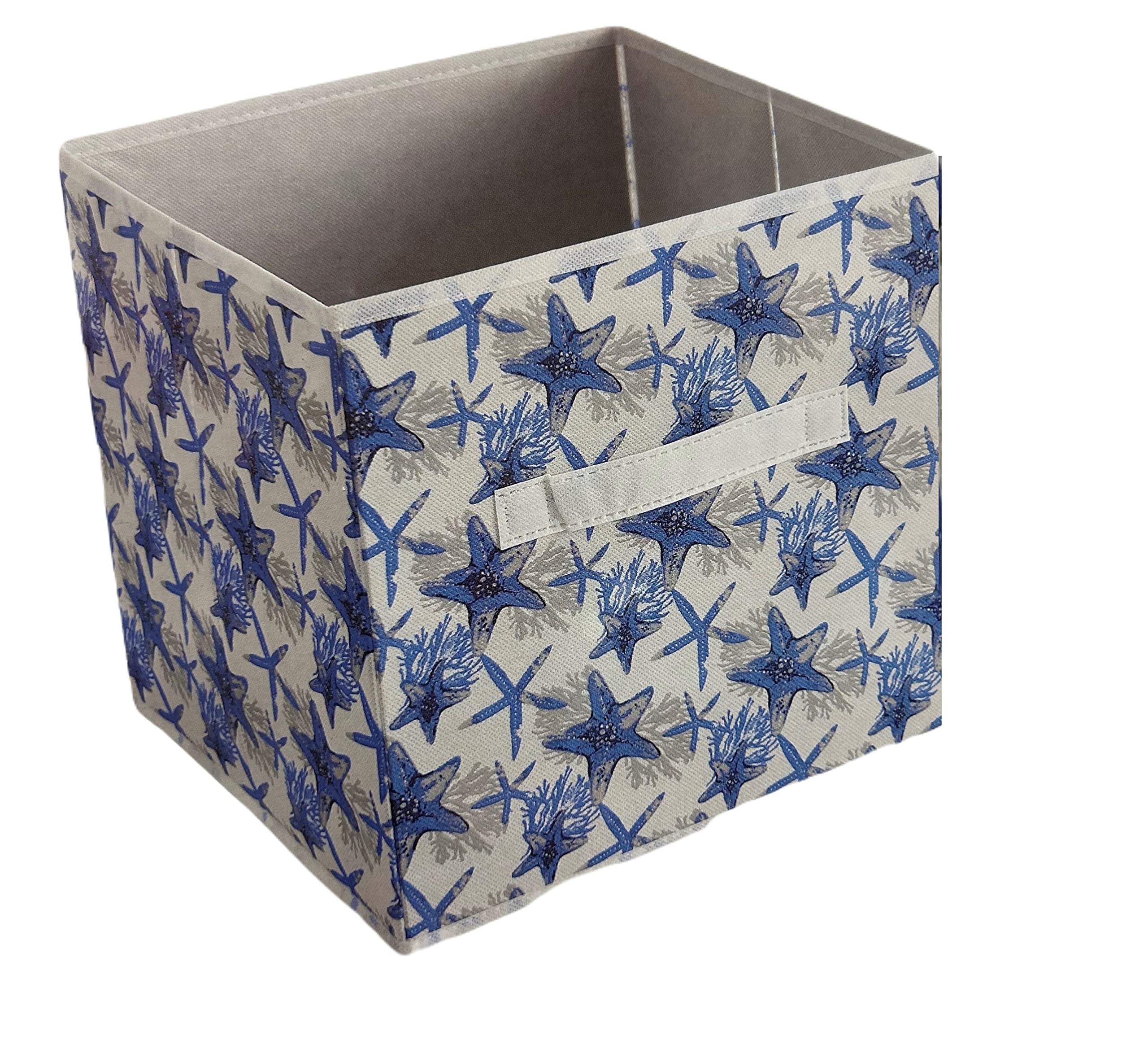 Pam's Glam Nautical Storage Bins - Coastal Beach Decor Storage Collapsible Bin with Handle Beachy Ocean or Sea Themed Containers 9 x 9 x 8 (Starfish)