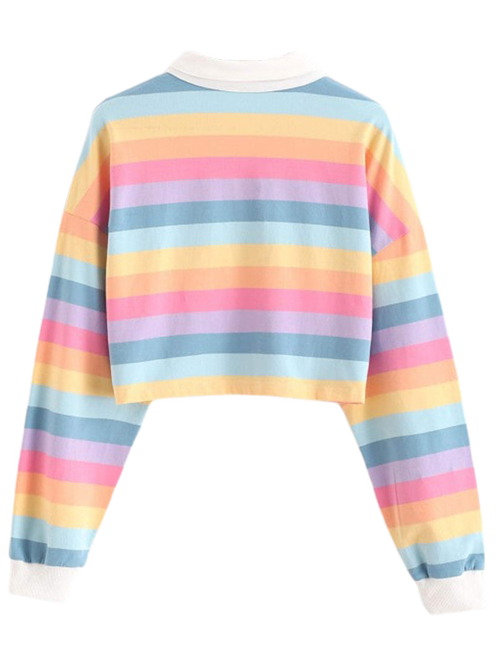 Remidoo Women's Collared Half Button Long Sleeve Striped Crop Top Sweatshirt Pink Small