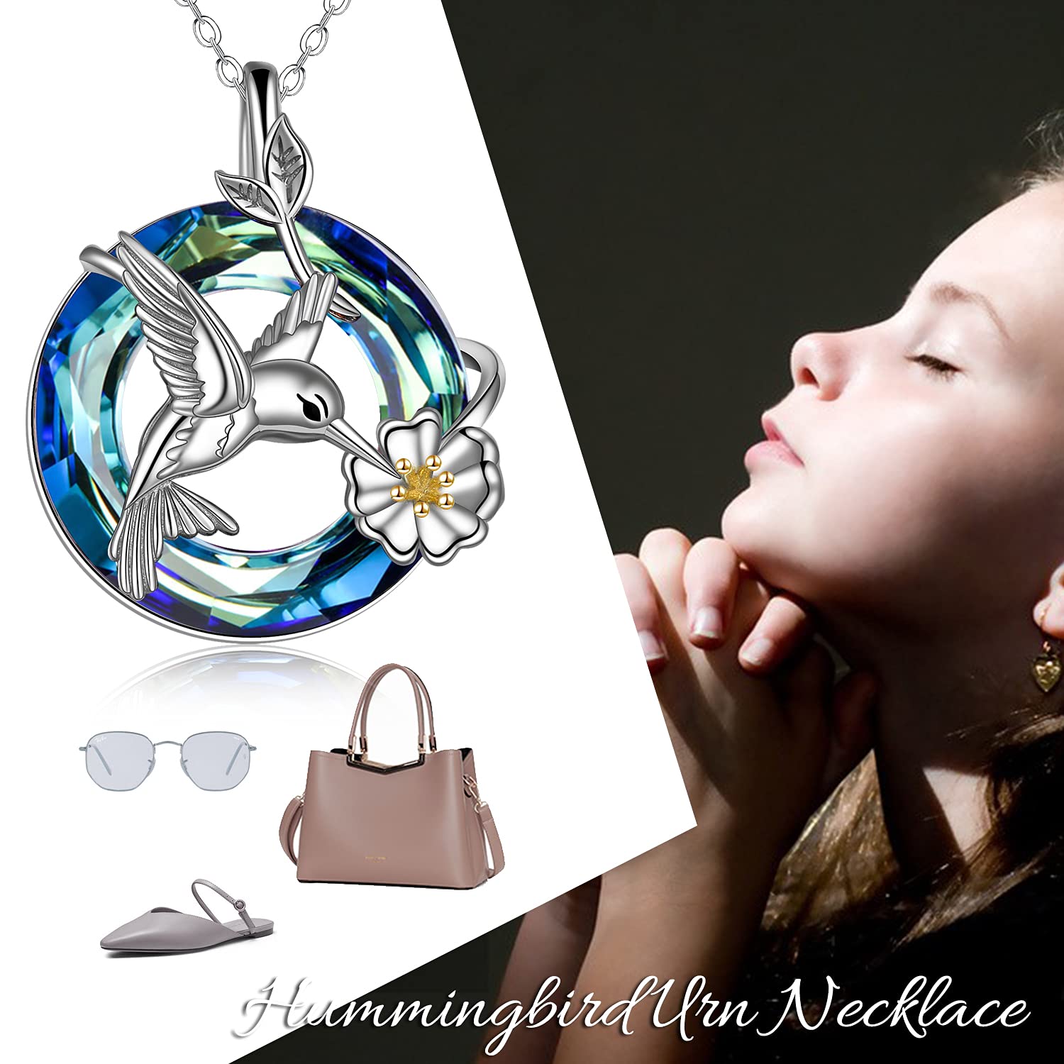 POPLYKE Hummingbird Urn Necklace for Women Ashes Sterling Silver Bird Pendant Cremation Ashes Necklace with Blue Crystal for Human Pets (blue)