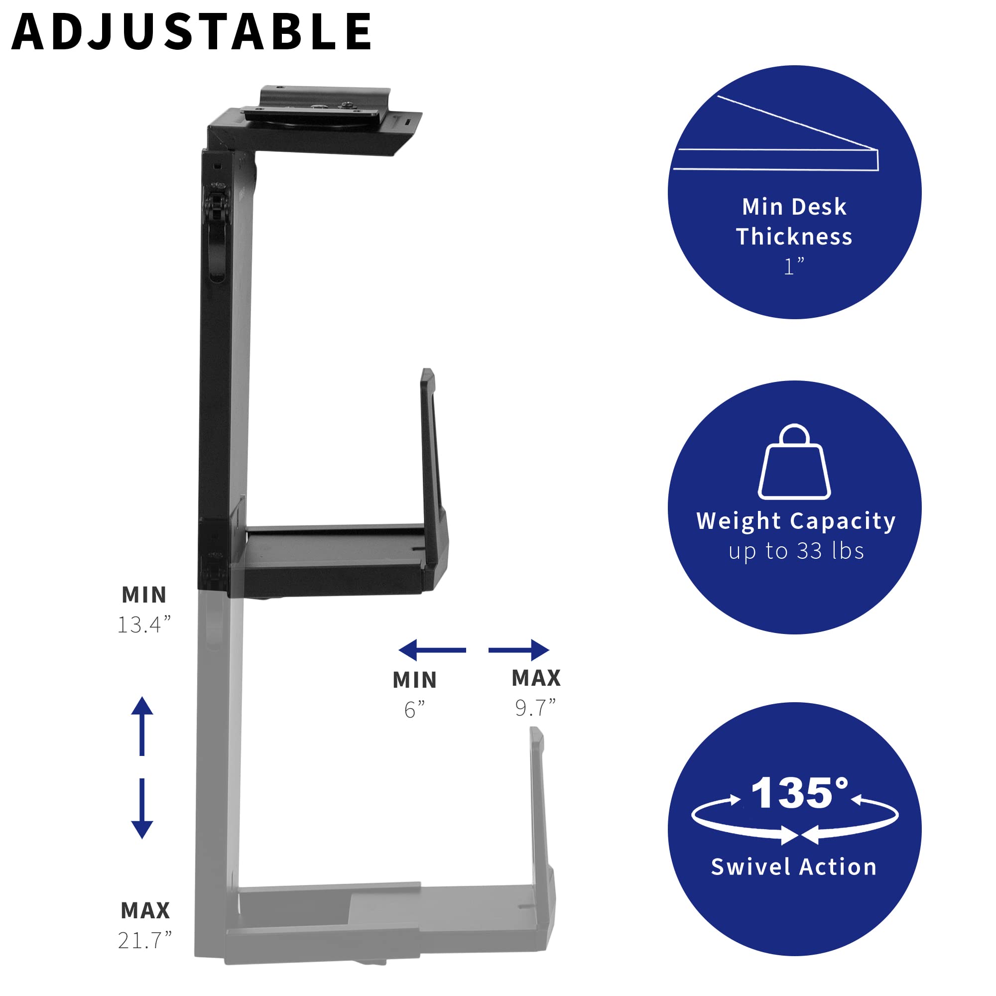 VIVO Adjustable Under Desk Gaming PC Mount, Computer Case CPU Holder with Swivel Action and Secure Locking, Black, MOUNT-PC06B