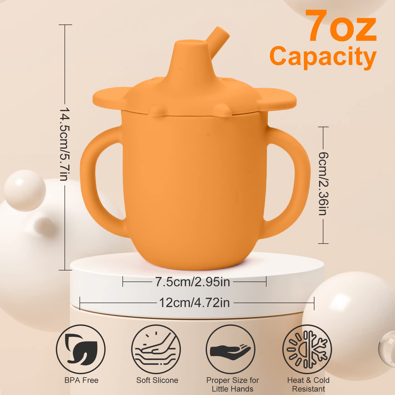 Toddler Sippy Cups,Silicone Straw Cup Spill Proof with Handles for Baby 6+ Months,The First Years Training Cups for 1+ Year Old (7oz,Orange)