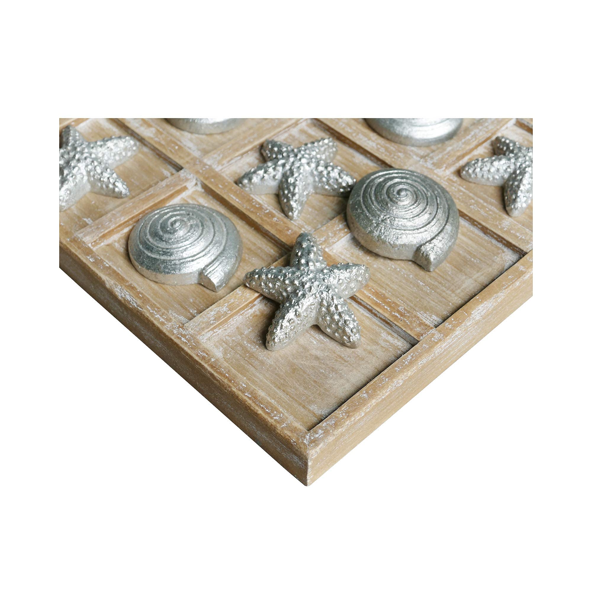 NIKKY HOME Wood Board Travel Game Beach Tic Tac Toe for Fun, Coastal Beach House Coffee Table Decor 8.93 x 8.93 x 1.26 inches - Silver