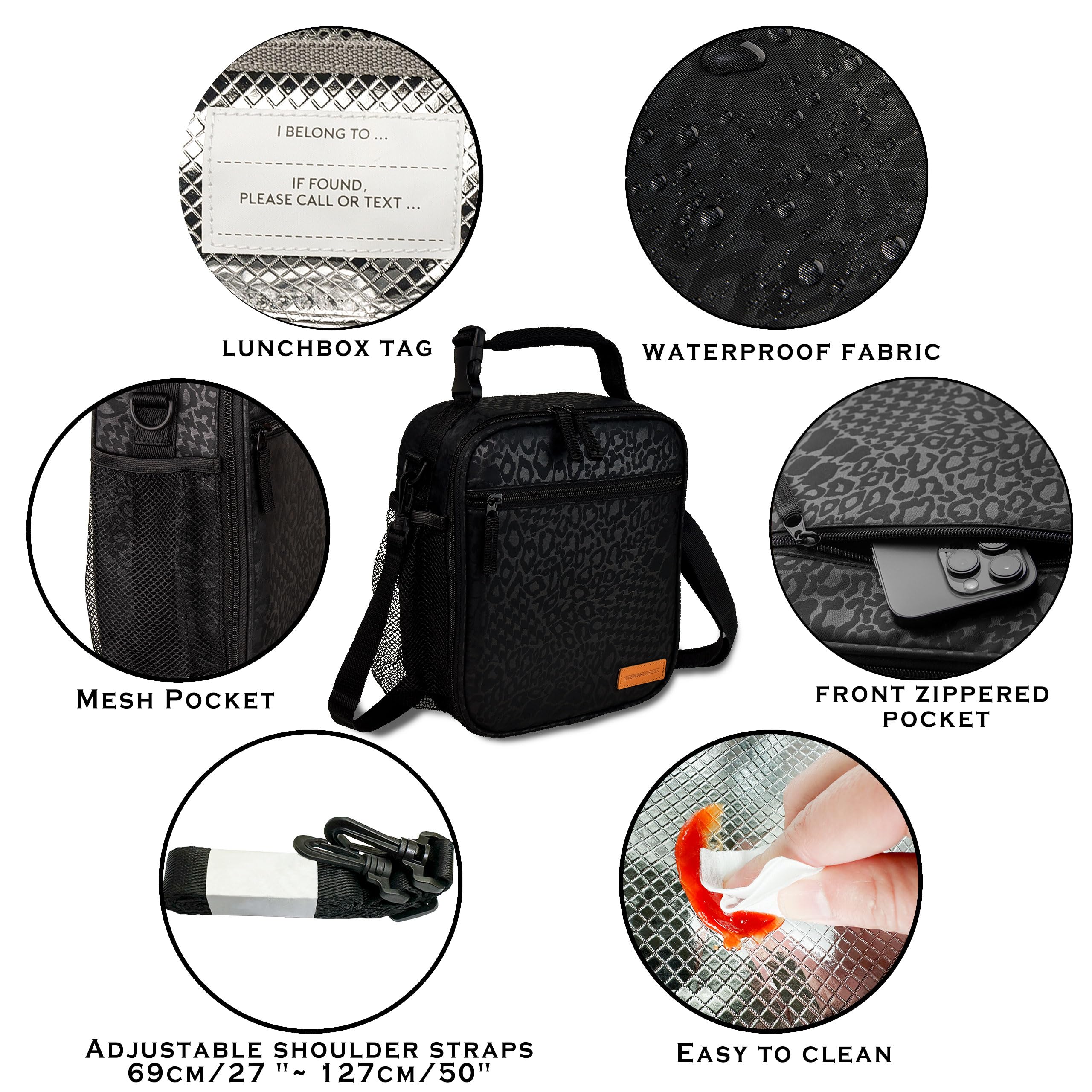 SIBOFUEGO Insulated lunch Box for Men Women - Cute Reusable Lunch Bag for Adult ,Small Lunchbox with Adjustable Shoulder Strap, Durable Cooler Tote Bag for Work Office Picnic Beach (Black Leopard)