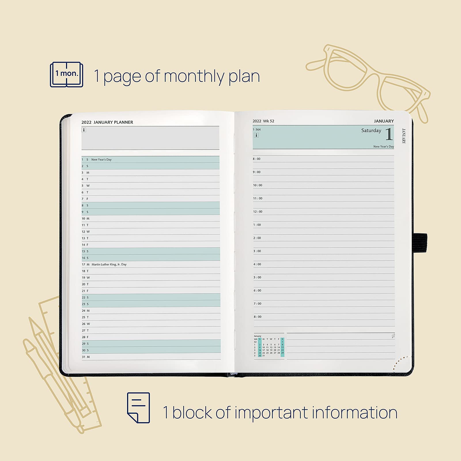 POPRUN Daily Planner 2022 Page A Day Hardcover - Agenda 2022 Hourly Appointment Book with Monthly Calendar, Inner Pocket, 5.5" x 8.5", Green
