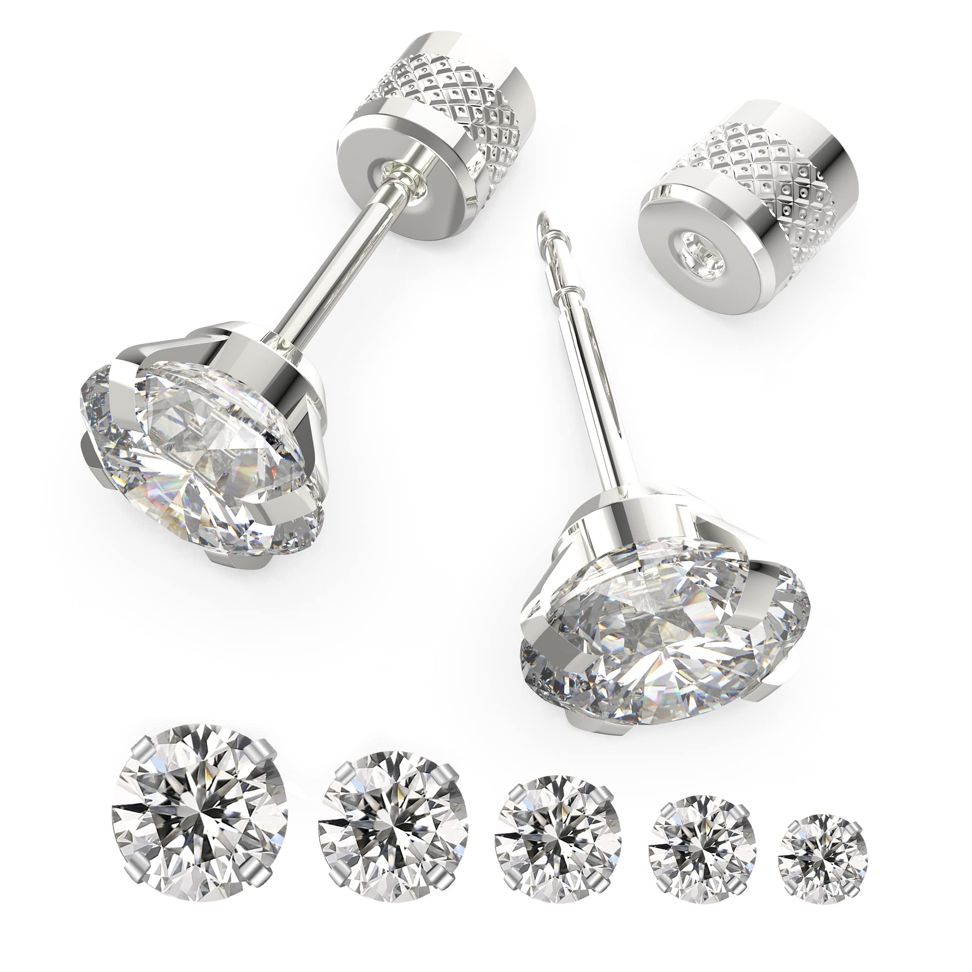 Women's Hypoallergenic Stainless Steel Cubic Zirconia Earrings Studs Set Multi-Pack, CZ Stud Earrings for Men 5 pairs 4-8mm (Silver)