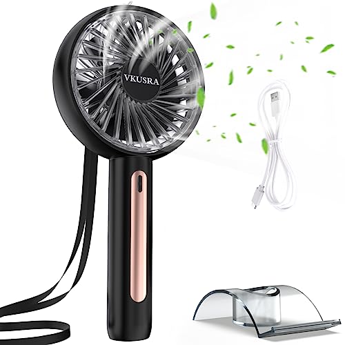 VKUSRA Handheld Fan, Mini Hand Held Fan with Base,Personal Small Battery Operated Portable Hand Fan with 4 Speeds,USB Rechargeable Makeup Desk Fan for Travel Outdoor Office-Black