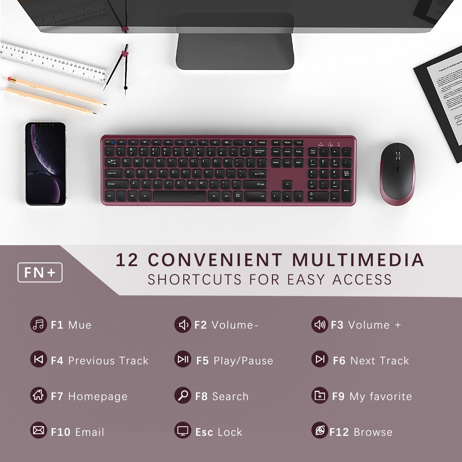 Wireless Keyboard Mouse Combo, Full-Sized 2.4GHz Ultra Thin Silent Cordless Keyboard Mouse Sets (Red)