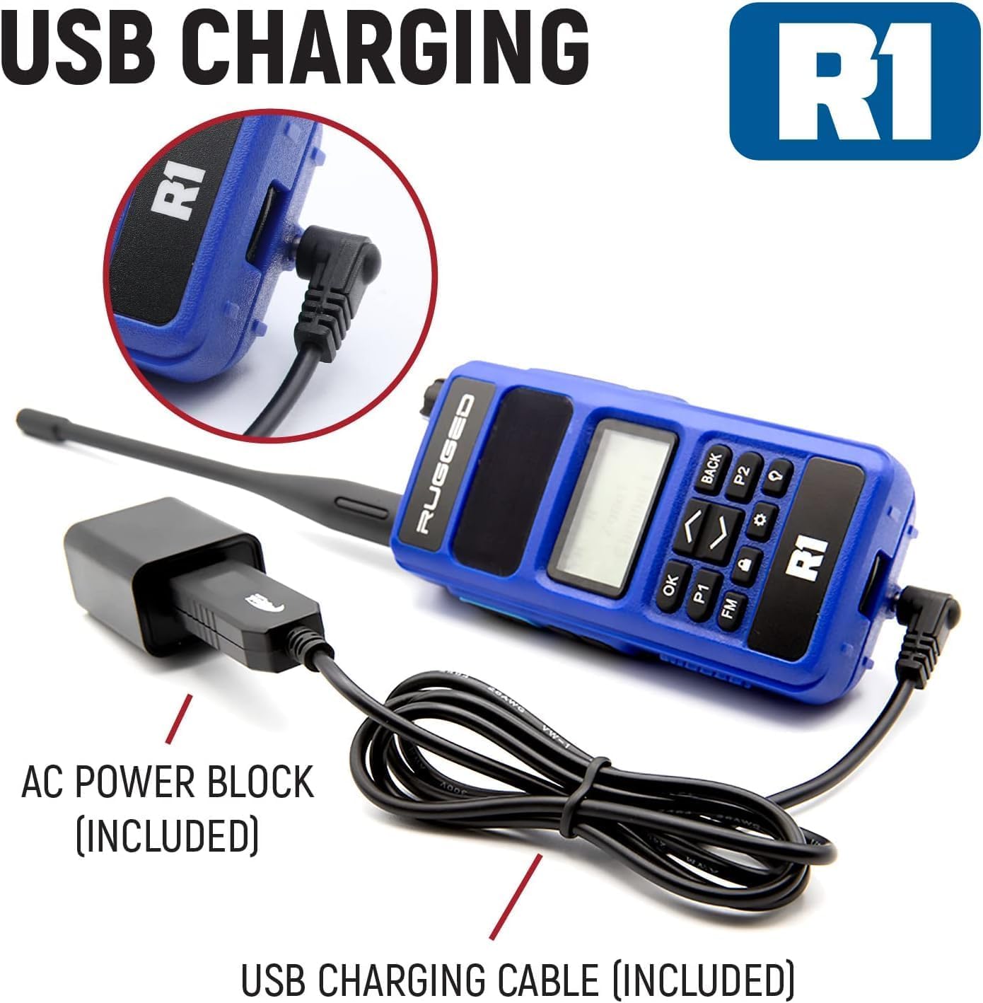 Rugged Two Way Handheld Radio Walkie Talkie for Business Schools Churches Construction - Features Long Range Dual Band VHF UHF and Rechargeable Battery (R1)