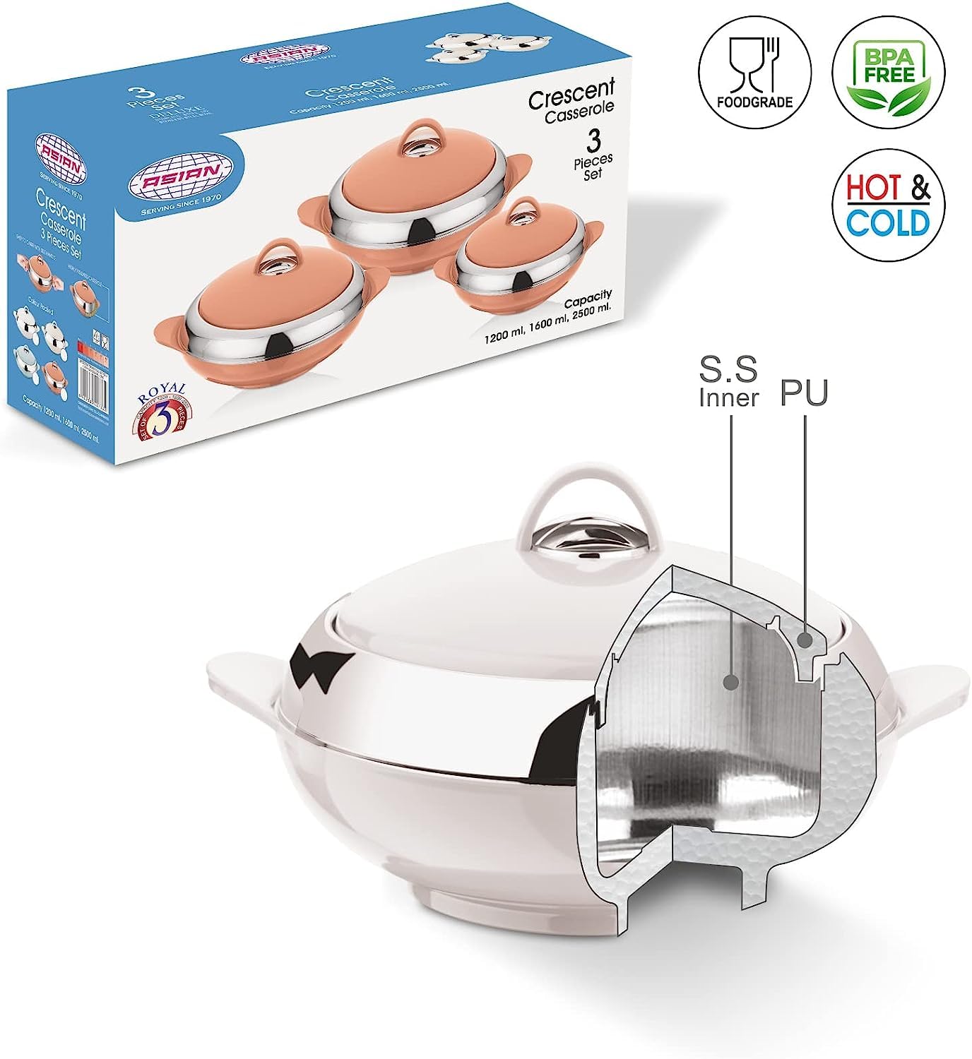 Tmvel Crescent Insulated Casserole Hot Pot - Insulated Serving Bowl With Lid - Food Warmer - 3 pcs Set 2.5 L / 3.5 L / 5 L