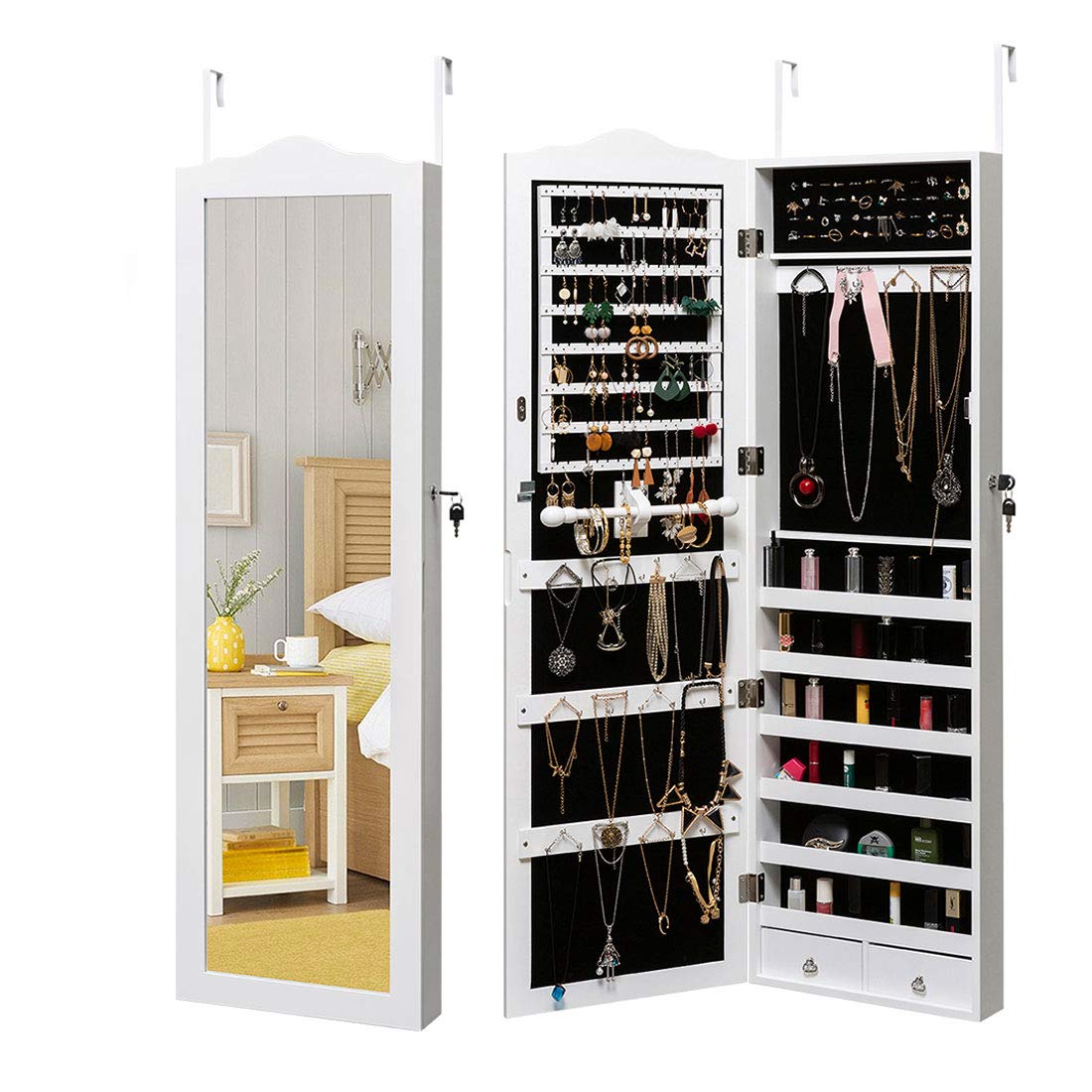 Marble Field Jewelry Cabinet Lockable Wall Door Mounted Hanging Jewelry Armoire Organizer With Full Length Mirror 2 Drawers,Black