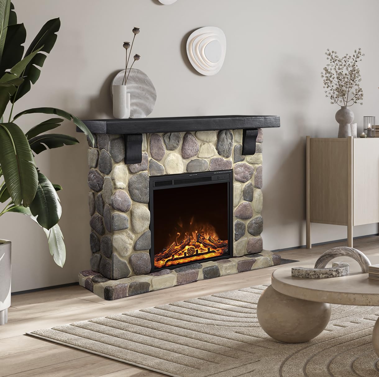 R.W.FLAME Electric Fireplace Mantel Package, 48 inch Freestanding Stone Fireplace Heater TV Stand with Remote Control, 7 Flame Brightness Settings, 750W/1500W,New