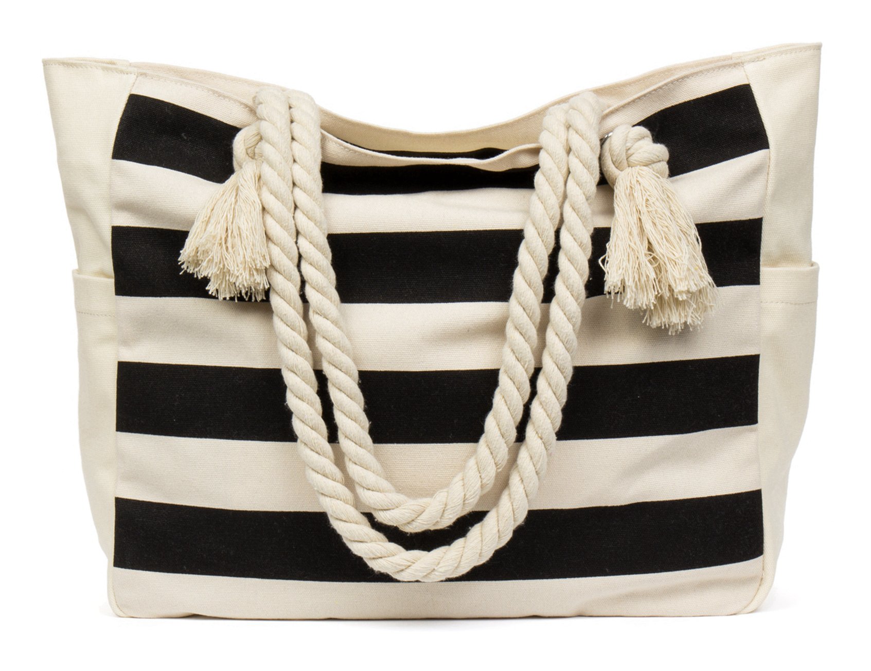 Malirona Large Beach Travel Tote Bag Canvas Shoulder Bag with Cotton Rope Handle (Blue Stripes)