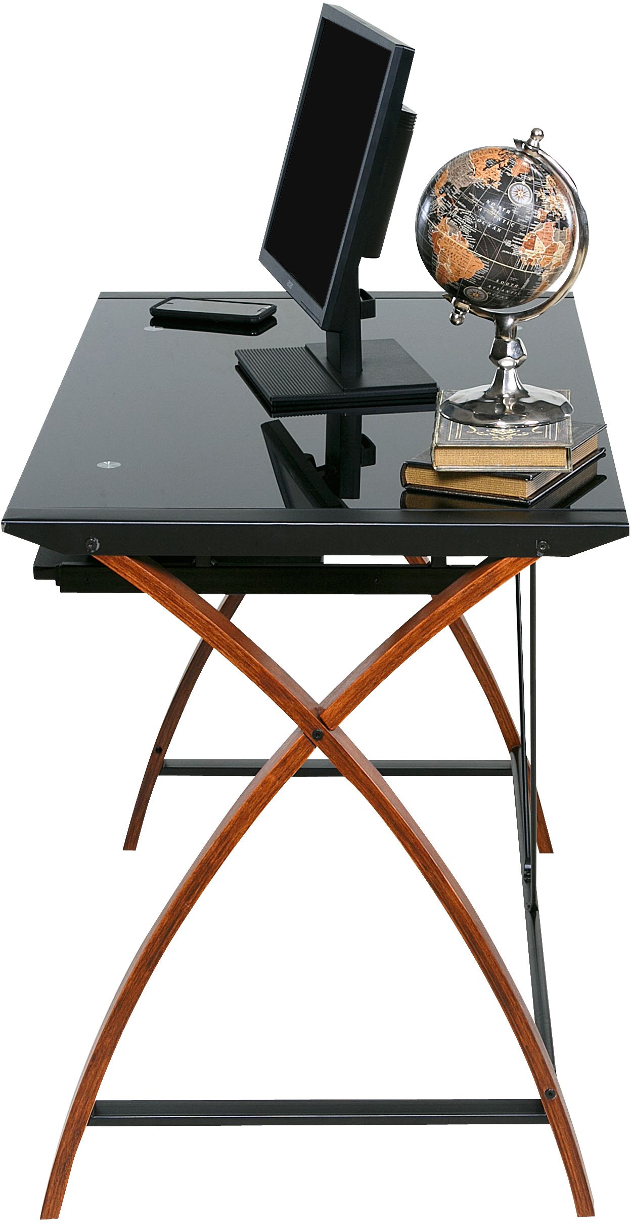 OneSpace Glass and Wood Computer Desk with Pullout Keyboard Tray and Black Glass Desktop, Black/Brown