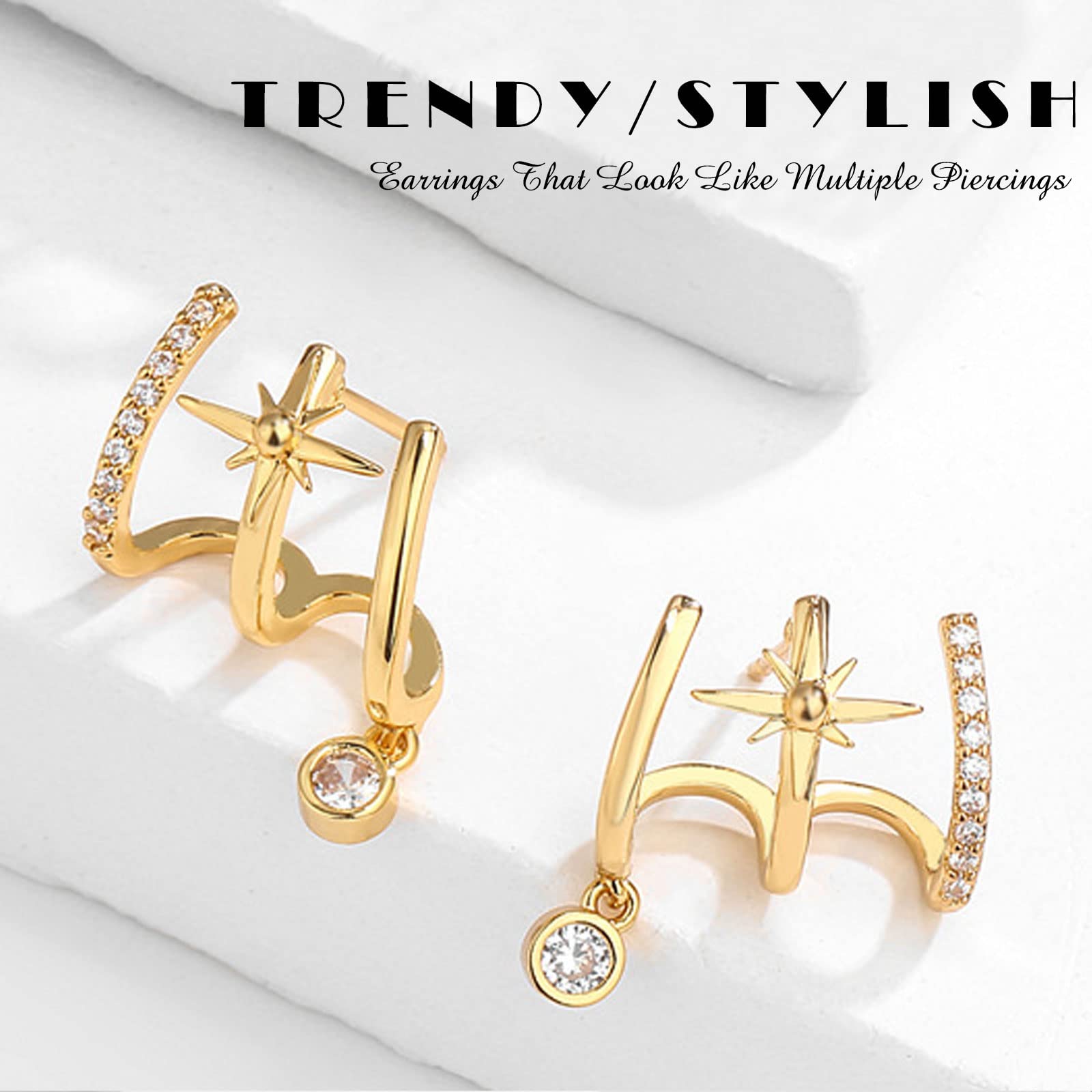 Triple Illusion Earrings for Women,Cat Claw Earrings,14k Real Gold Plated Small Double Huggie Hoop Earrings for One Hole (Style C)