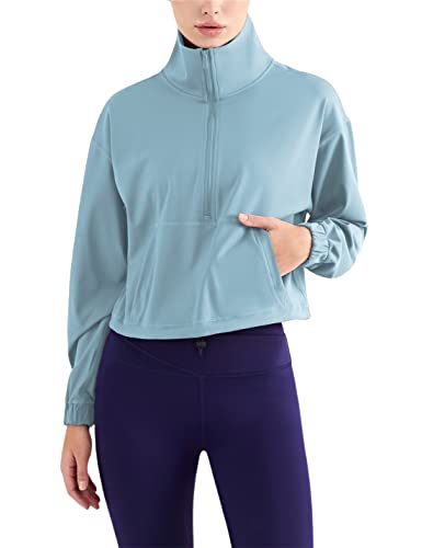 Tanming Women's Cropped Athletic Running Jacket Half Zip Pullover Workout Yoga Shirt (Blue-XL)