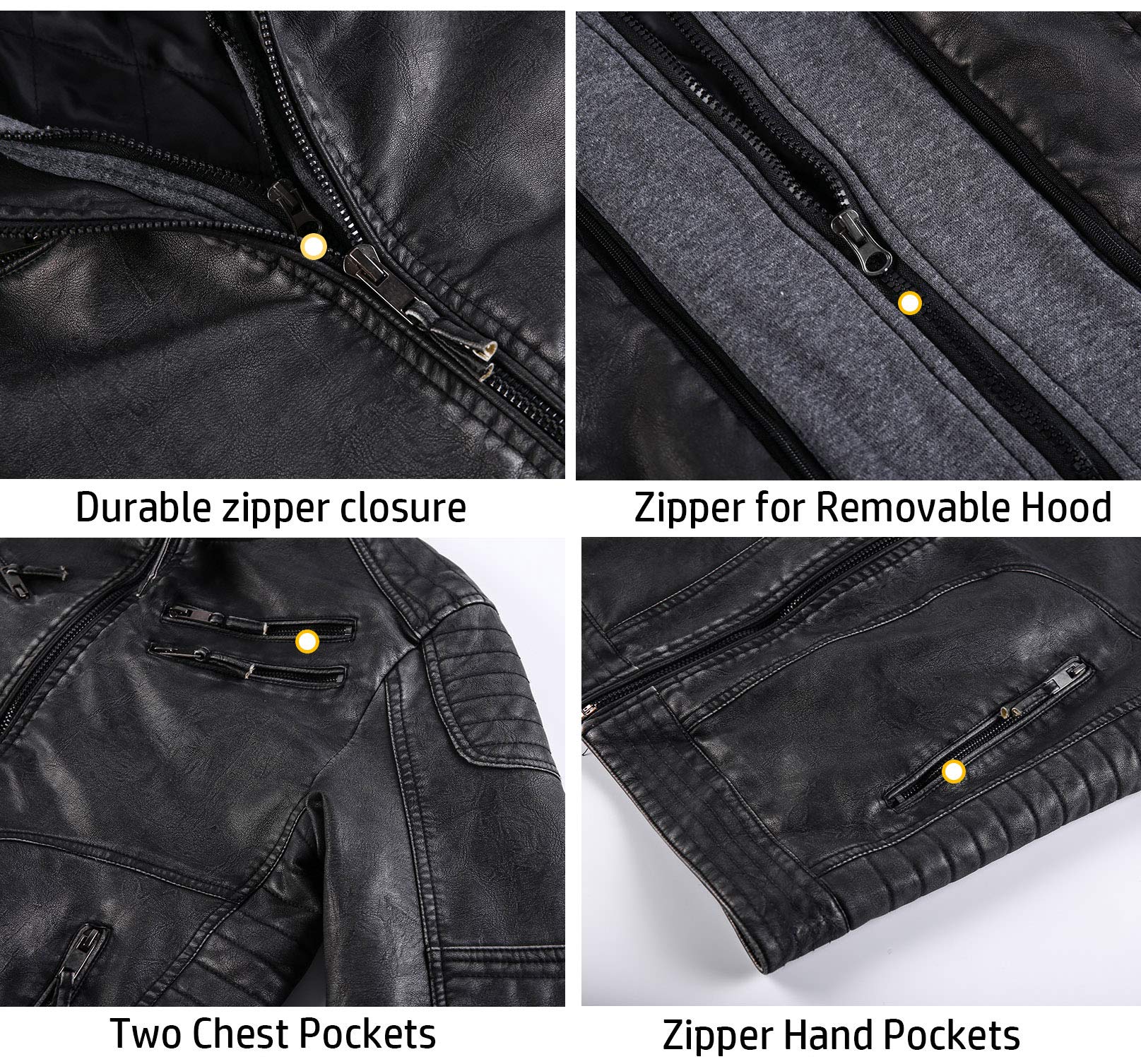 NAVEKULL Men's Faux Leather Jacket Winter Vintage Motorcycle Biker Jacket with Fleece Removable Hood