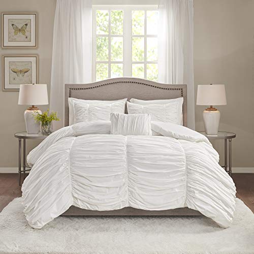 Madison Park Comforter Set-Textured Luxury Design All Season Down Alternative Bedding, Matching Sham, Decorative Pillows, King (104 in x 92 in), Delancey, Cotton Ruched White, 4 Piece