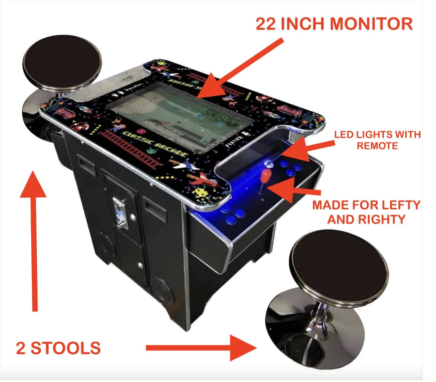 TOP US VIDEO ARCADES Full Size Commercial Grade Cocktail Arcade Machine 2 Player Retro 412 Games 22" LCD Screen Tempered Glass 2 Stools Included 5 Year Warranty Black